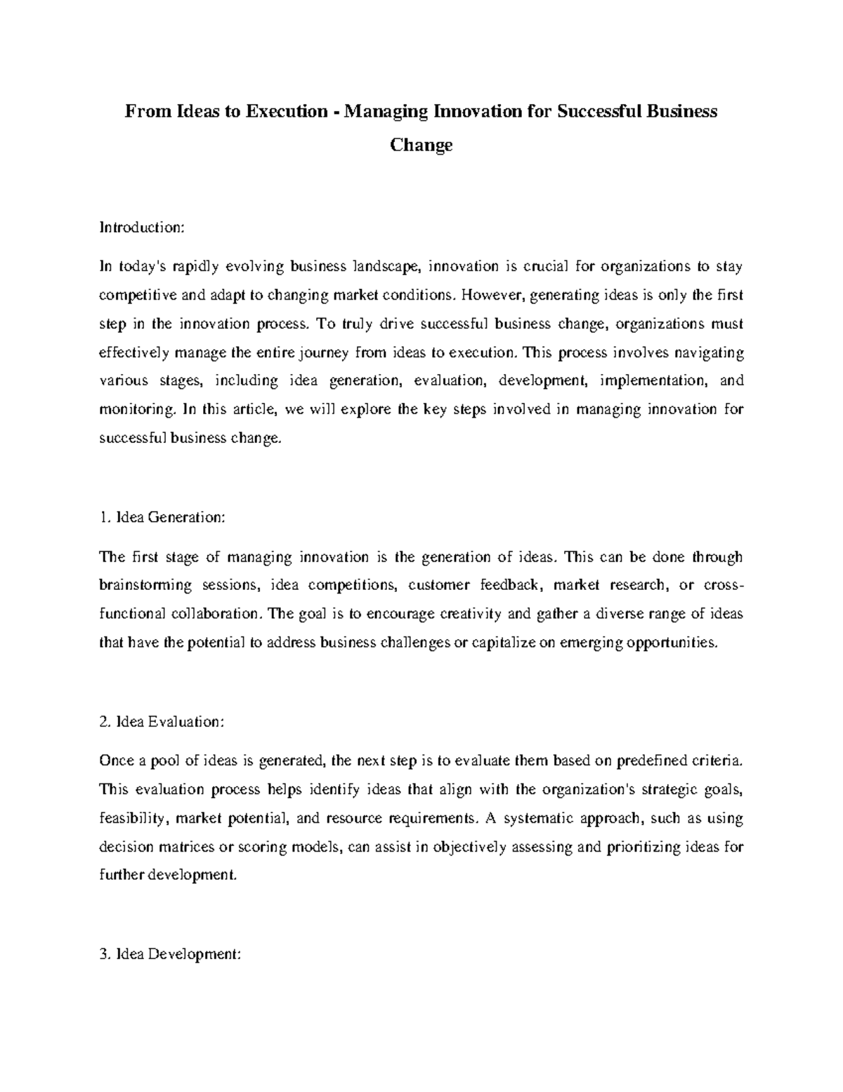 From Ideas to Execution - Managing Innovation for Successful Business ...