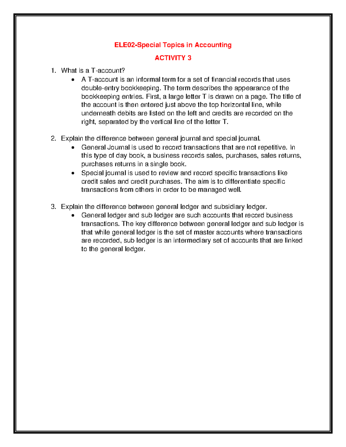 ELE02 Fjiofddfhu99ef098ef ELE02 Special Topics In Accounting