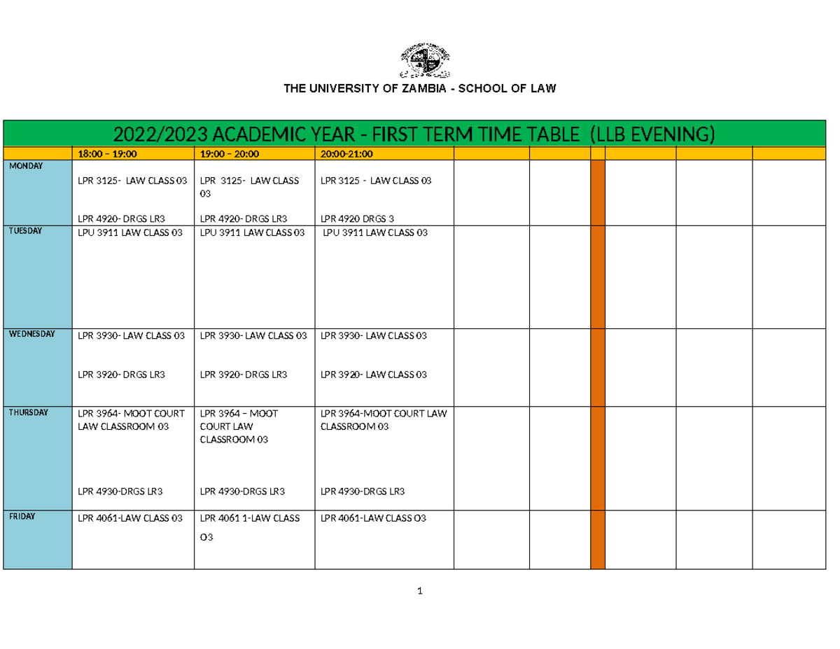 2023-2024 TERM 1 Evening Time-table - THE UNIVERSITY OF ZAMBIA - SCHOOL ...