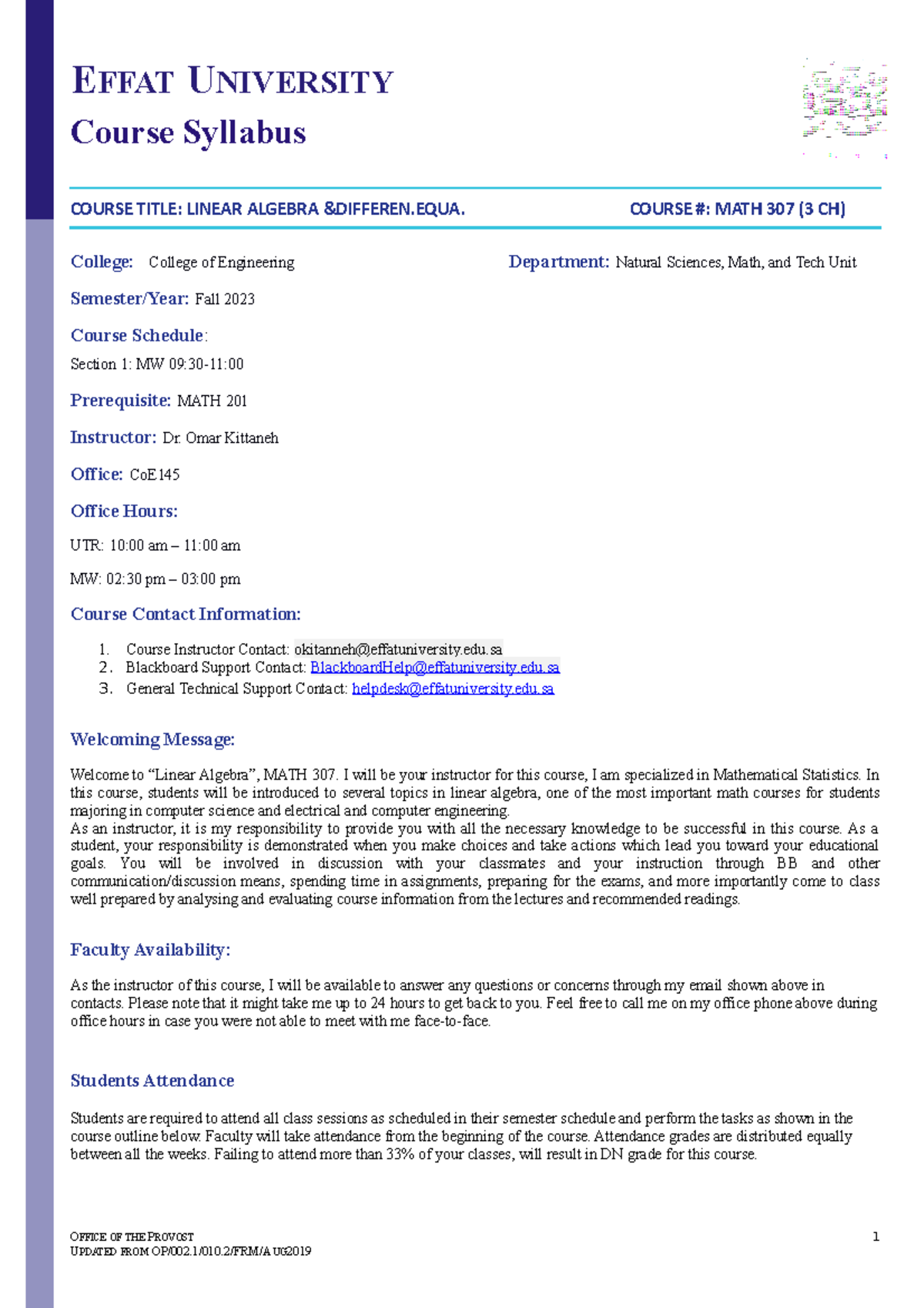 Syllabus Math 307 Fall 2023 Course Syllabus Course Title Linear