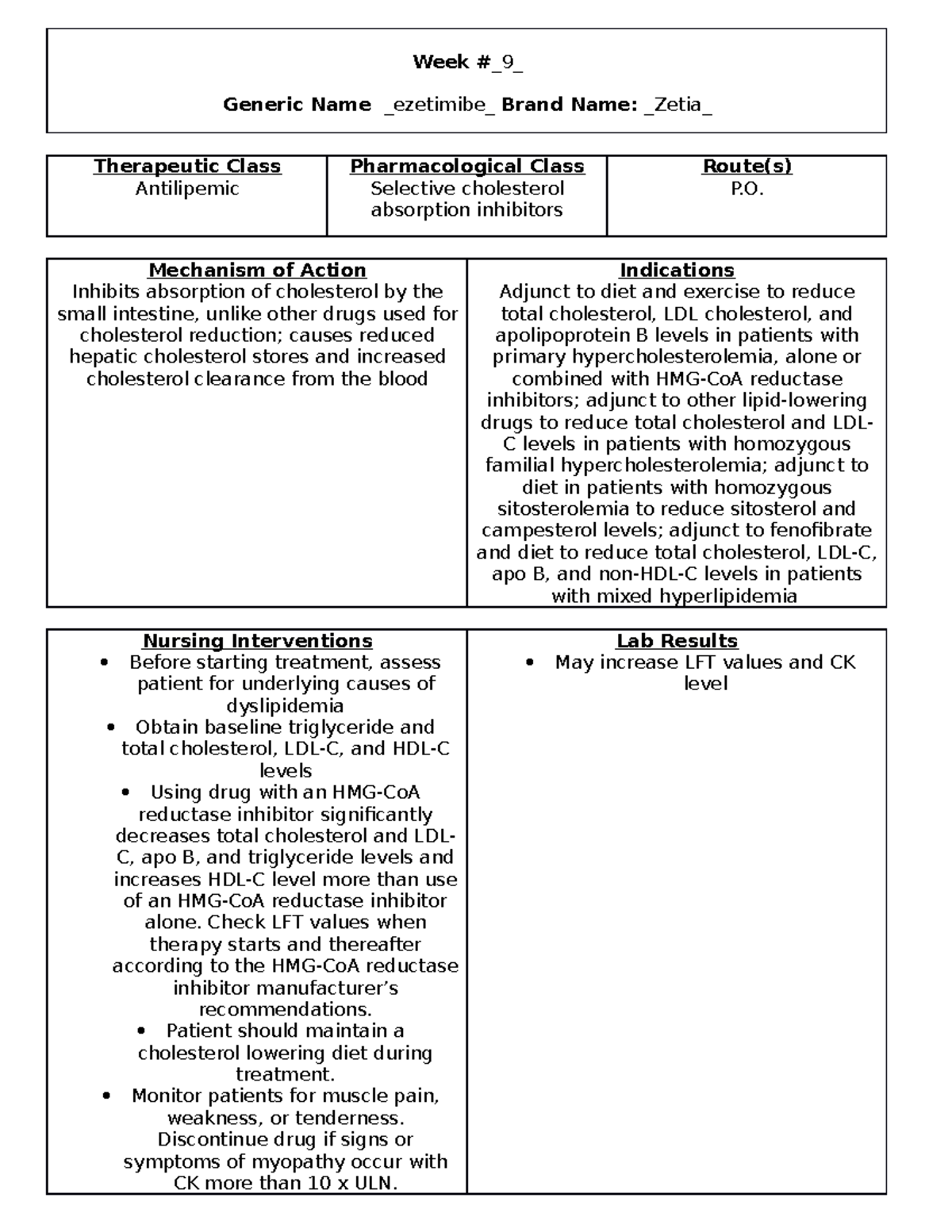 Week 9 ezetimibe - pharm - Week #9 Generic Name ezetimibe Brand Name ...
