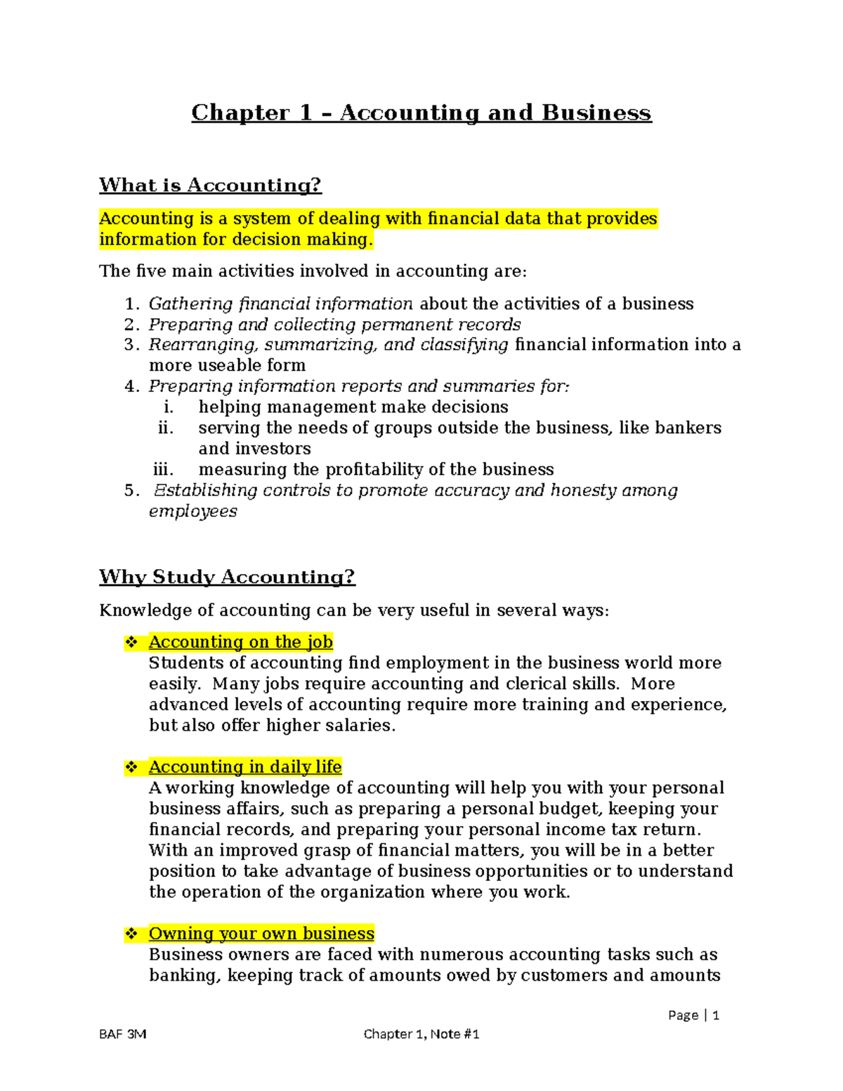 Chapter 1 Note - Notes - Chapter 1 – Accounting and Business What is ...