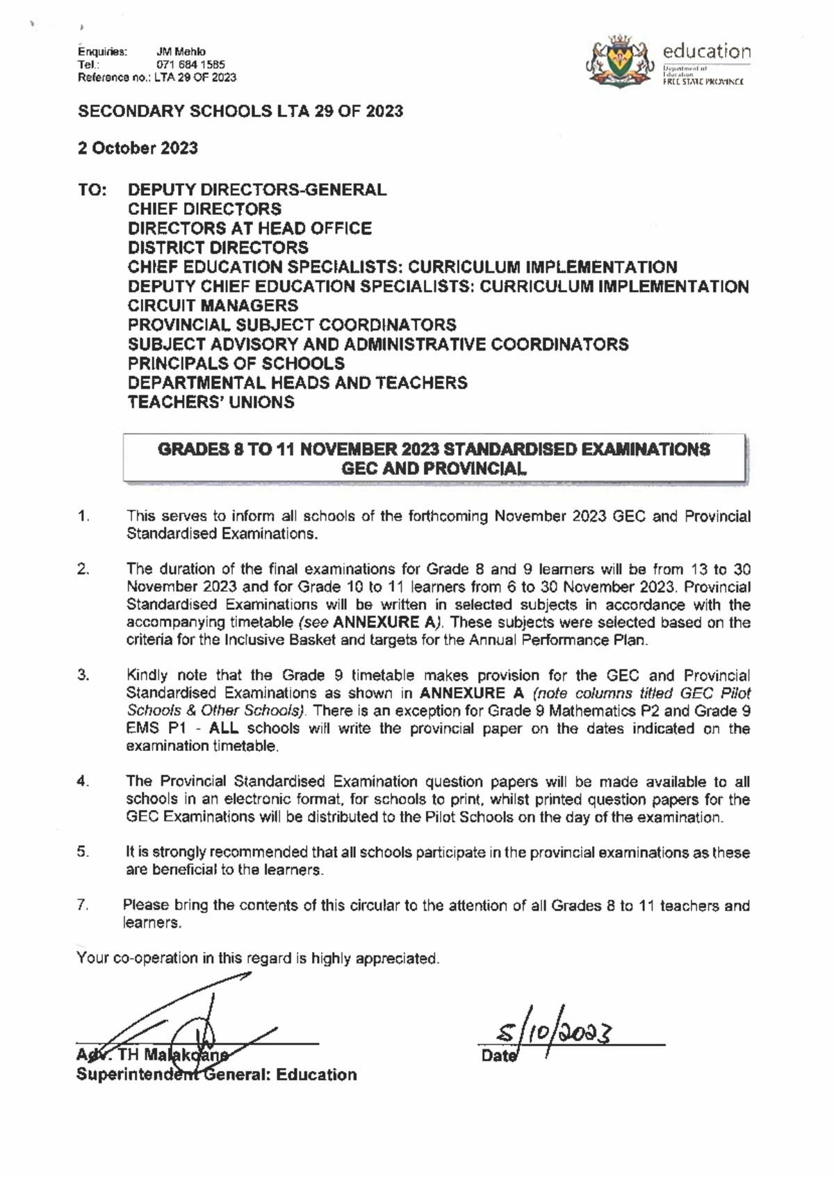 LTA 29 of 2023 GR 8 - 11 November Exams Timetable - Enquiries: JM Mehlo ...
