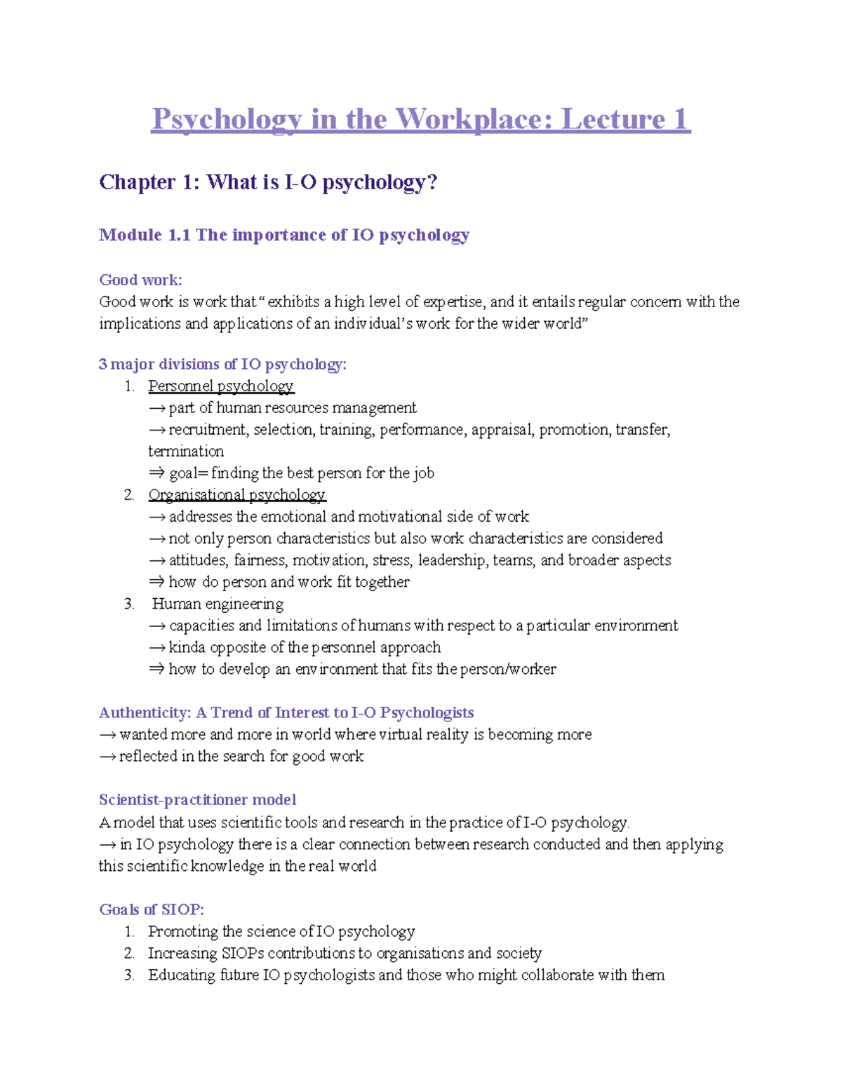 Pi W Lecture 1 - Psychology in the Workplace: Lecture 1 Chapter 1: What ...