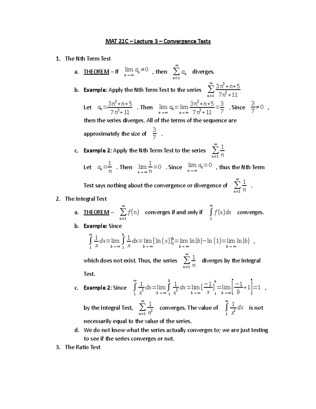 MAT 21C – Lecture 3 – Convergence Tests - MAT 21C Lecture 3 Convergence ...