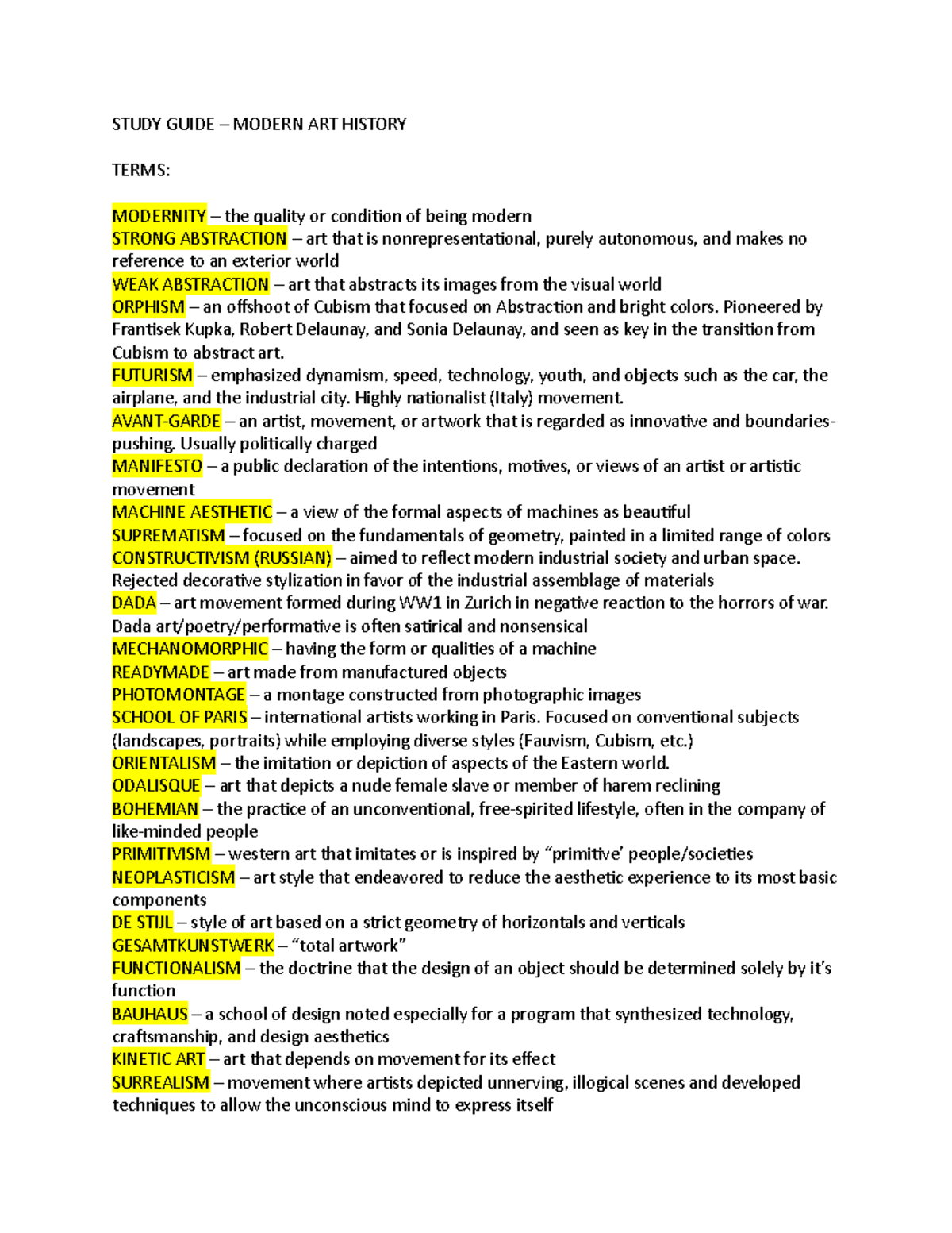 1910s-20s Study Guide - STUDY GUIDE – MODERN ART HISTORY TERMS ...