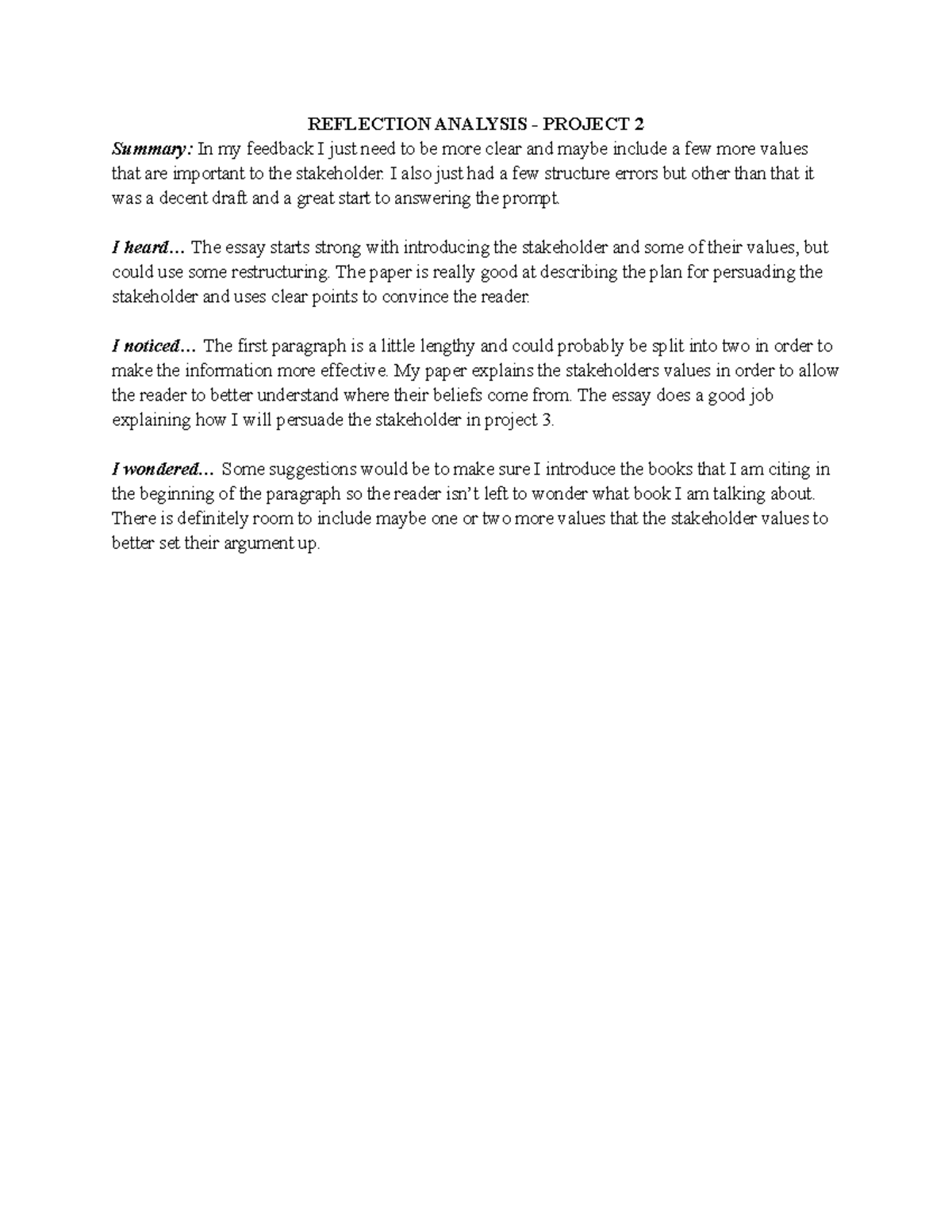 Reflection Analysis - n/a - REFLECTION ANALYSIS - PROJECT 2 Summary: In ...