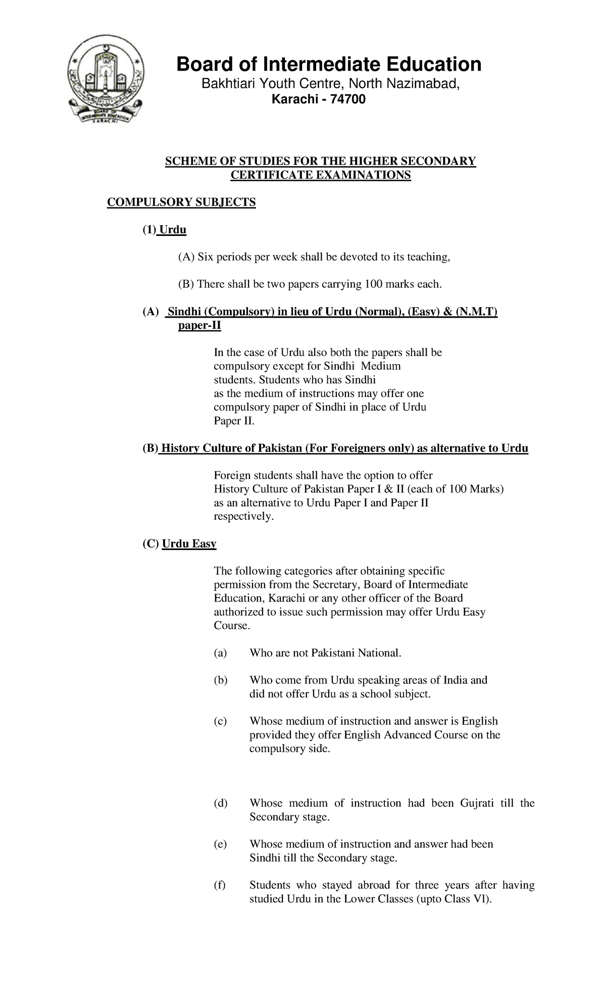 Scheme OF Studies FOR HSC - SCHEME OF STUDIES FOR THE HIGHER SECONDARY ...