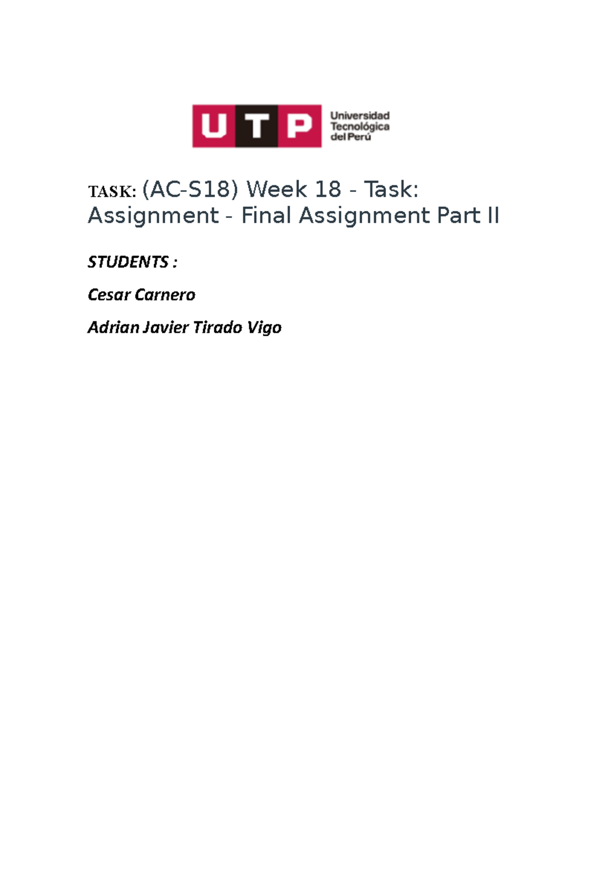 Ta 3 Ingles - bfdfdgb - TASK: (AC-S18) Week 18 - Task: Assignment - Final Assignment Part II ...