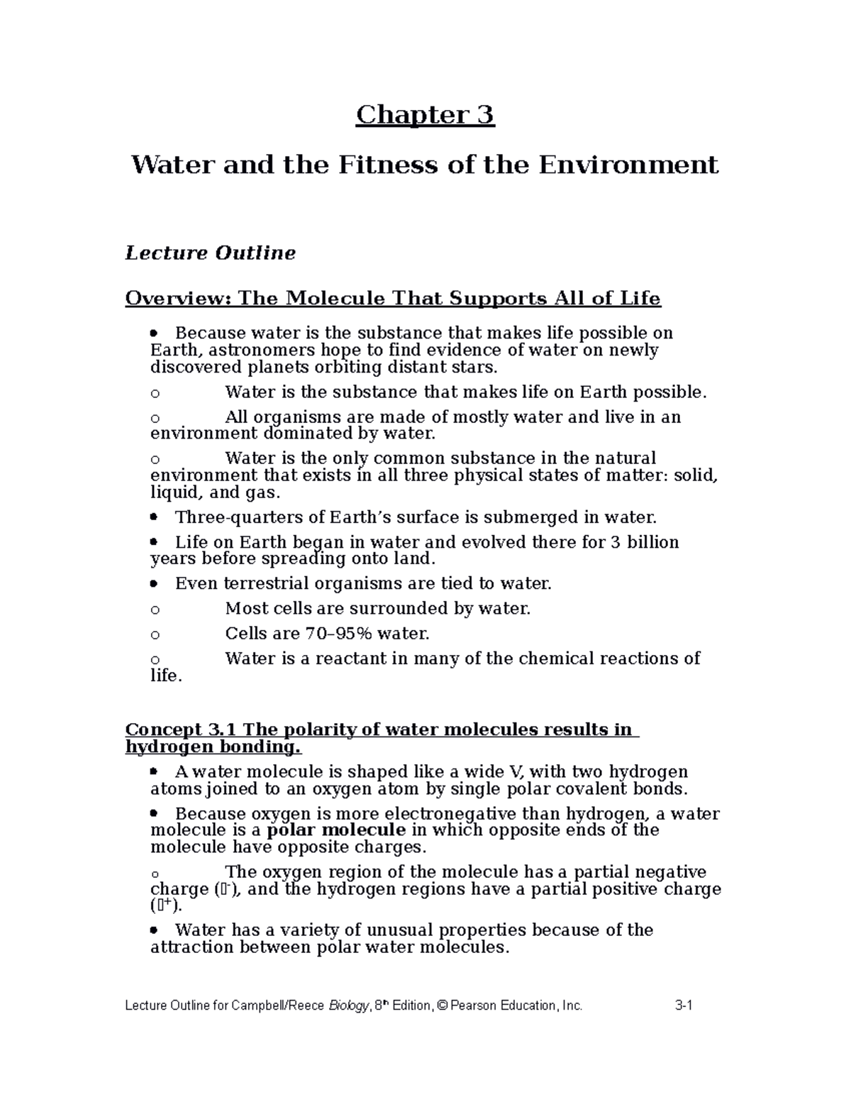 Doc. AP Bio~ Ch. 03 Detail Lect Outline - Chapter 3 Water and the ...