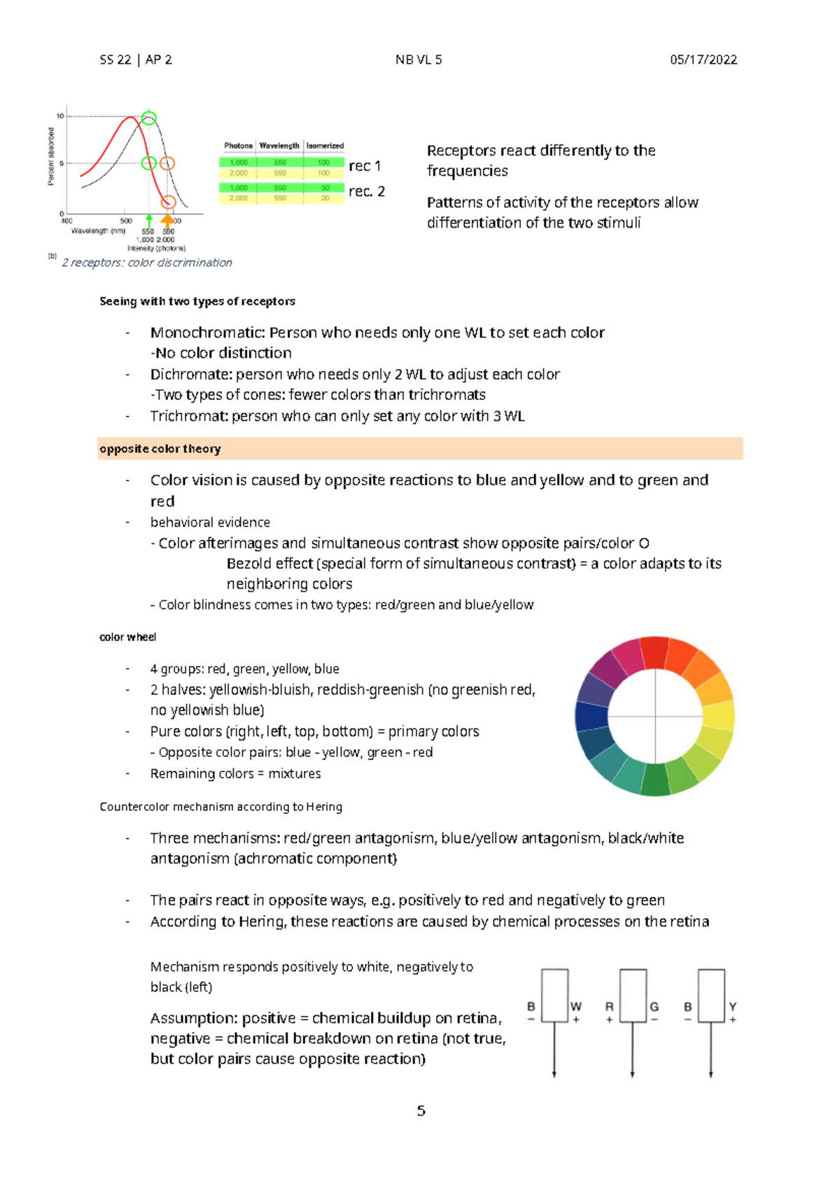 Summary 5.2 - Color theory and perception - Receptors react differently ...