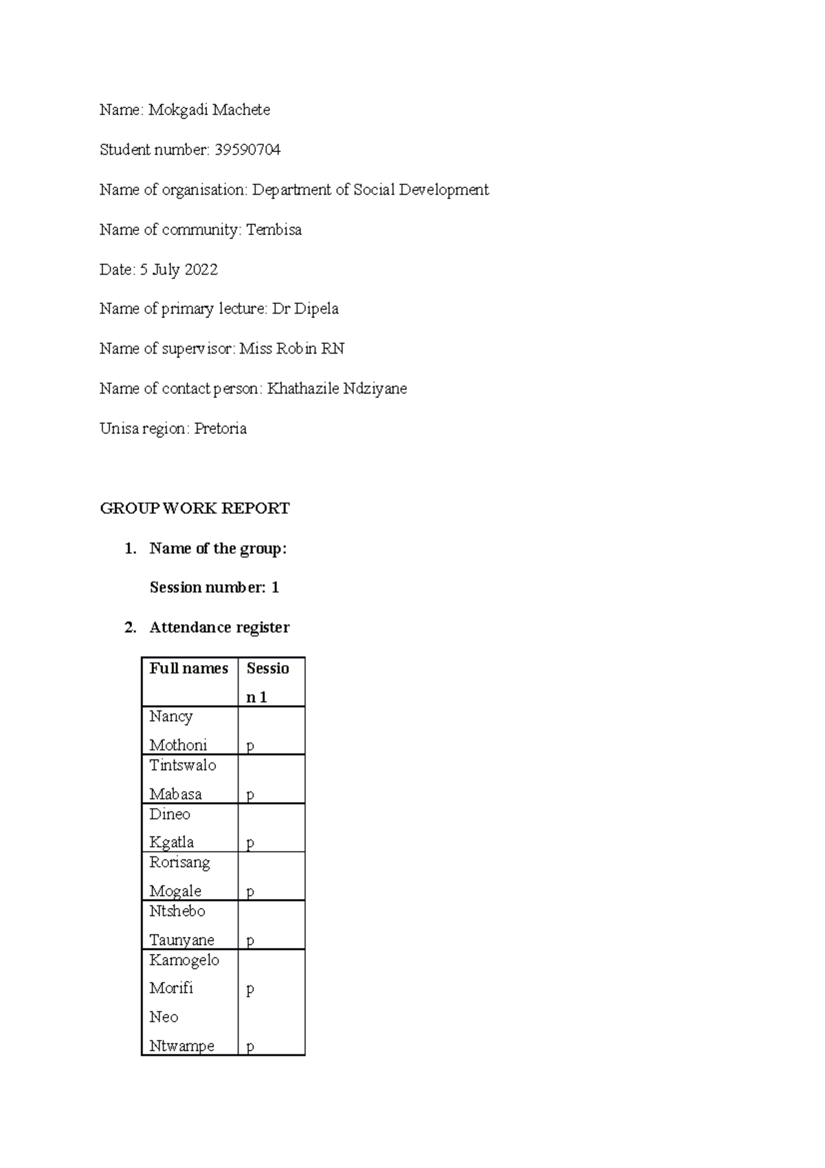 Group WORK Report 1 - The assignments for social work modules - Name ...
