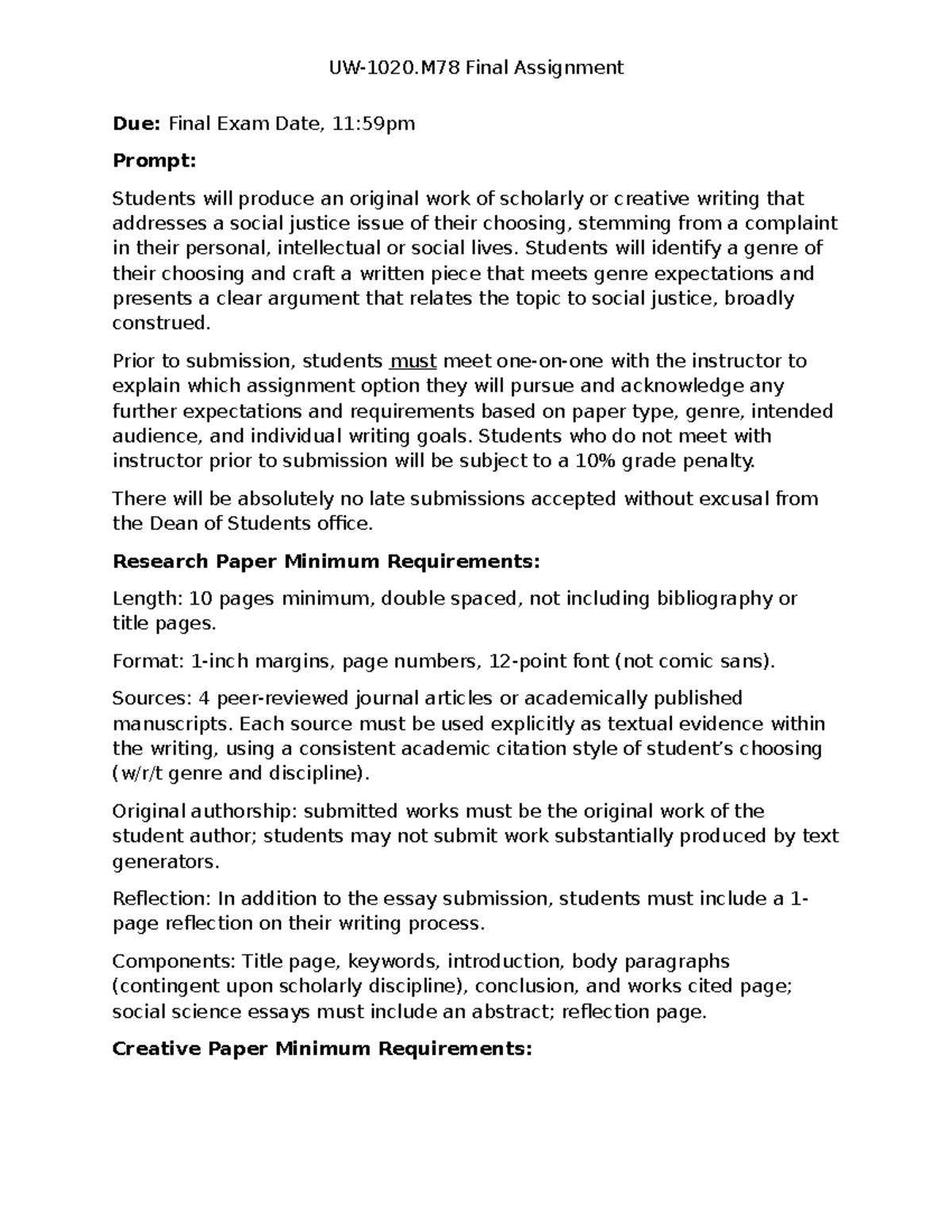 UW Final Assignment Prompt - UW-1020 Final Assignment Due: Final Exam Date, 11:59pm Prompt ...