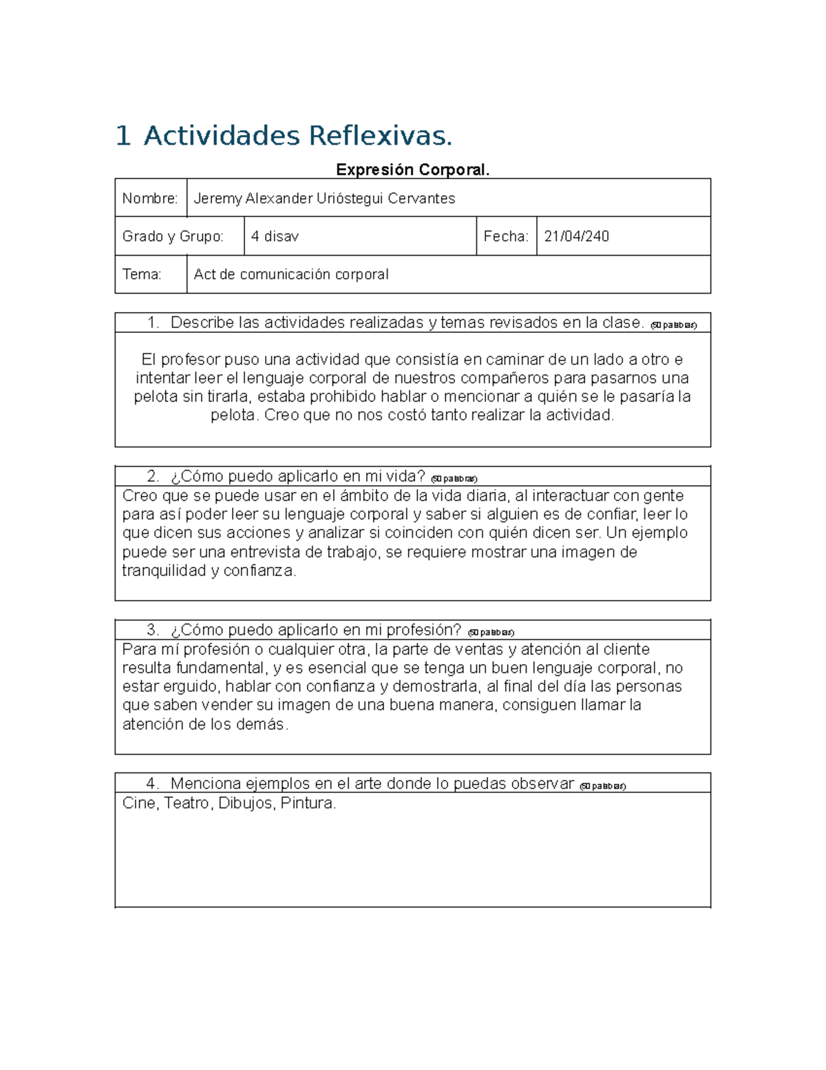 Reflex 2 - 232323232 - 1 Actividades Reflexivas. Expresión Corporal ...