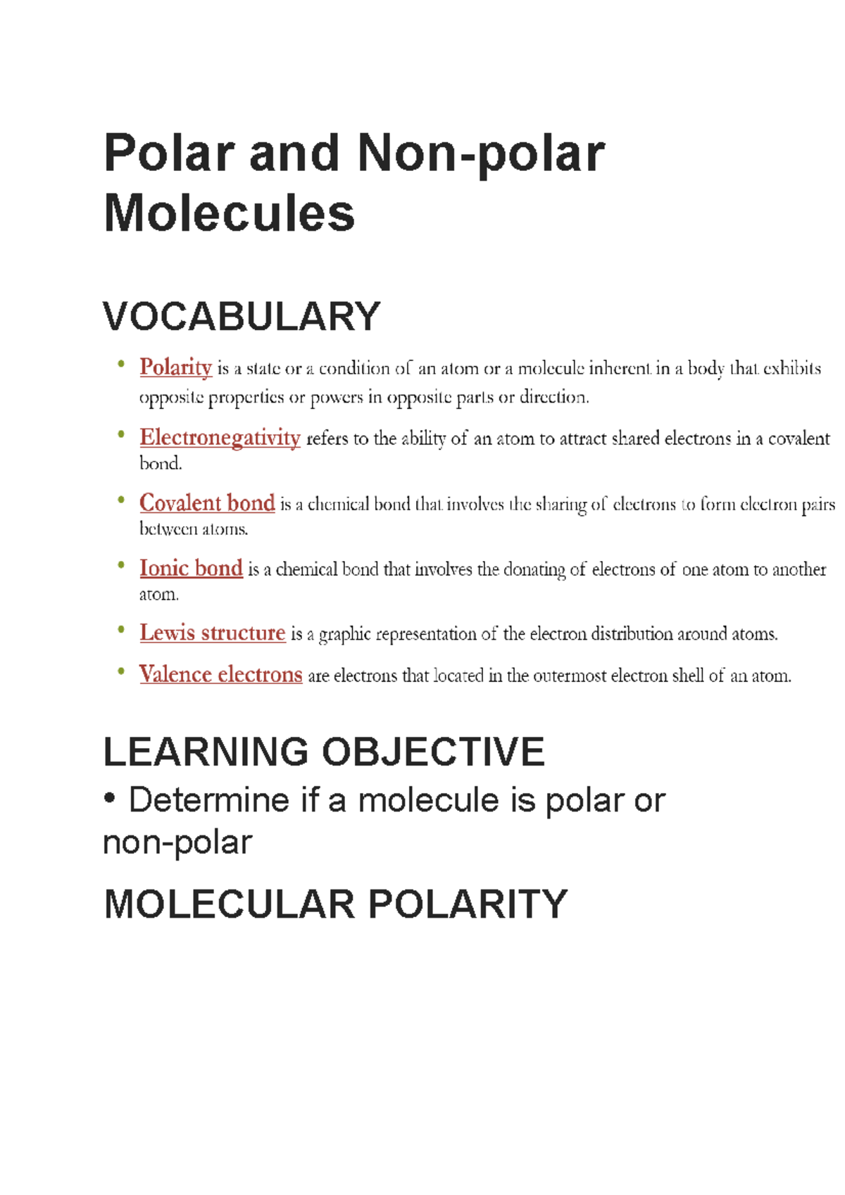 Polar - General Steps - Predicting Molecular Polarity Step 1: Draw a ...