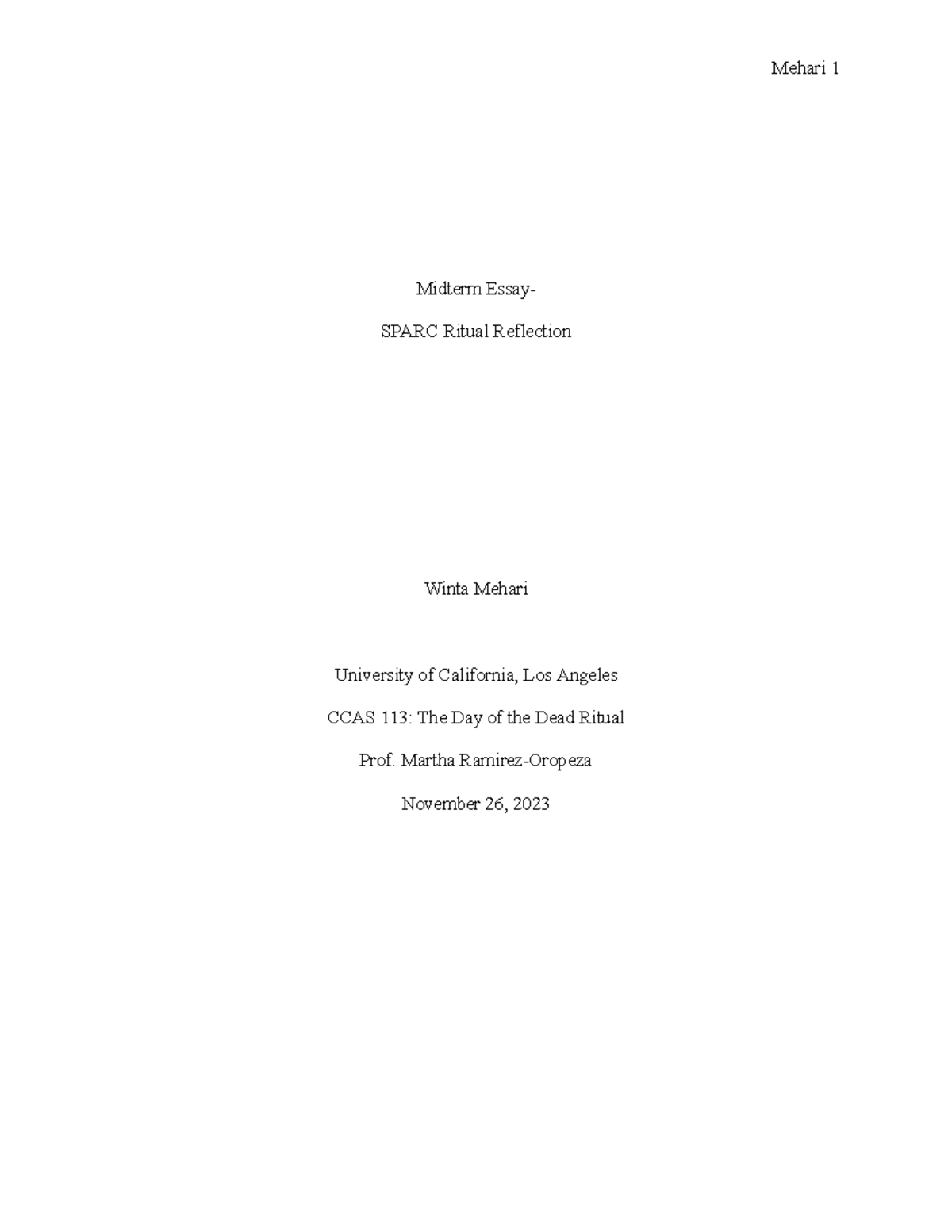 Sparc Midterm Essay Reflection - Midterm Essay- SPARC Ritual Reflection ...