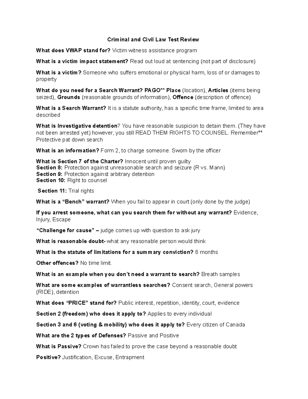 Criminal and Civil Law Test Reveiw - (They have not been arrested yet ...