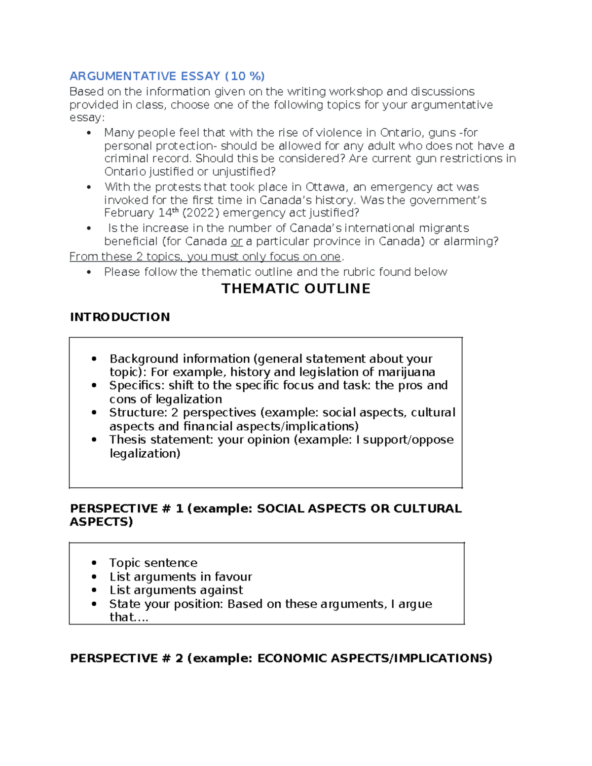 Argumentative Essay- Instructions and rubric - ARGUMENTATIVE ESSAY (10 ...