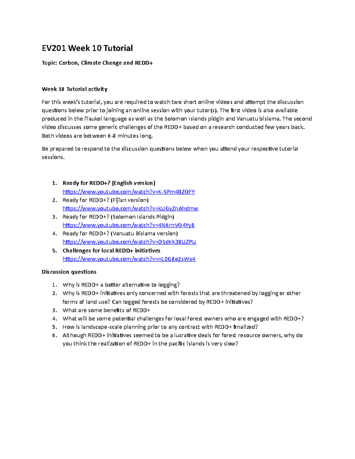 EV201 Week 10 Tutorial - It helps with assignments. - EV201 Week 10 Tutorial Topic: Carbon ...