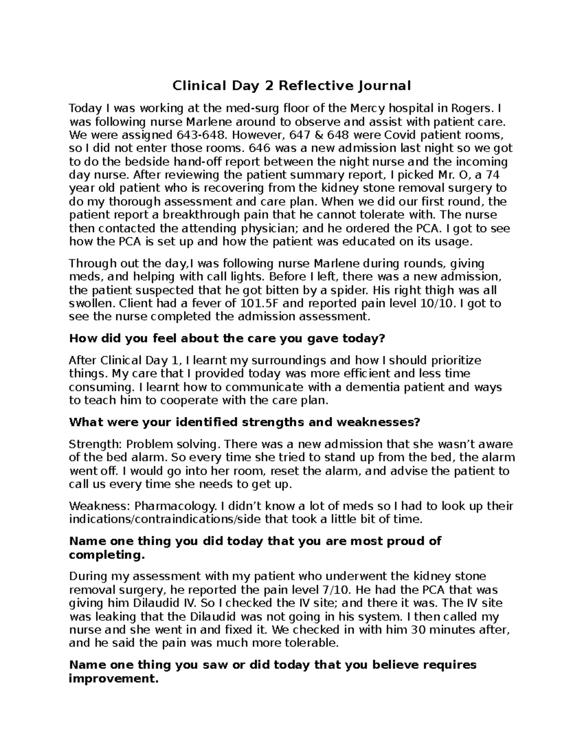 Clinical Day 2 Reflective Journal - Clinical Day 2 Reflective Journal ...