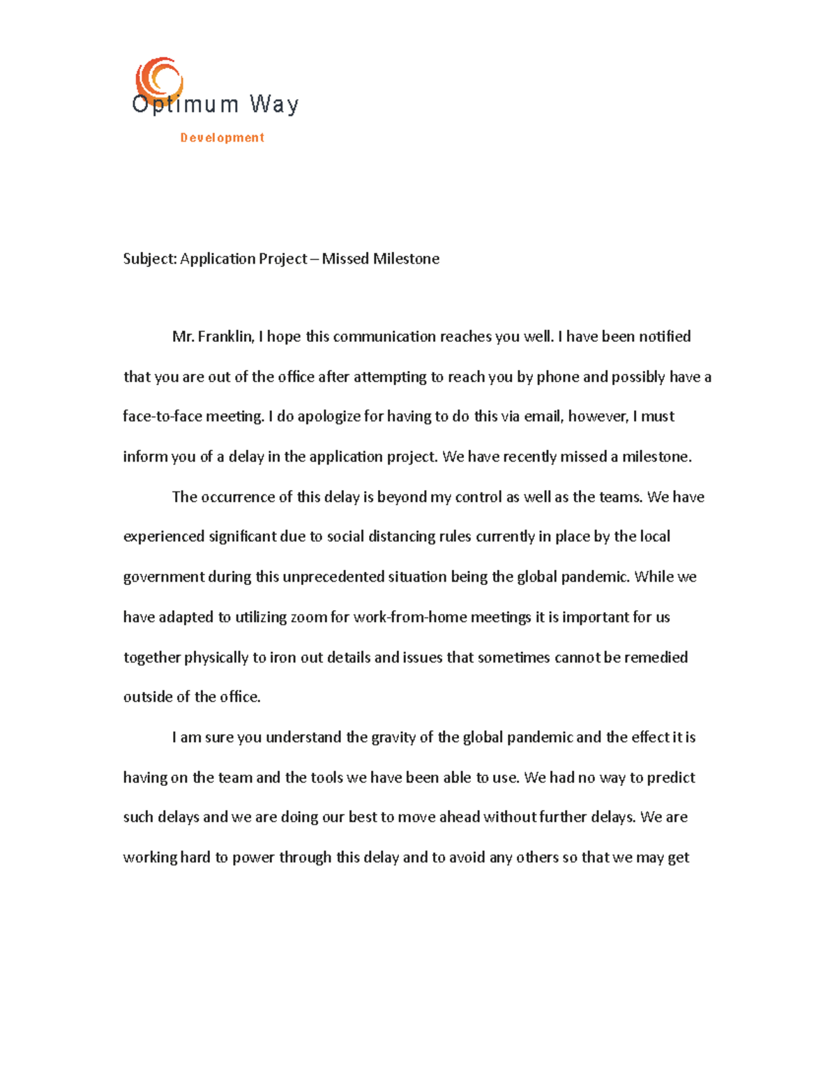 6-1 Bad News Email - Subject: Application Project – Missed Milestone Mr ...