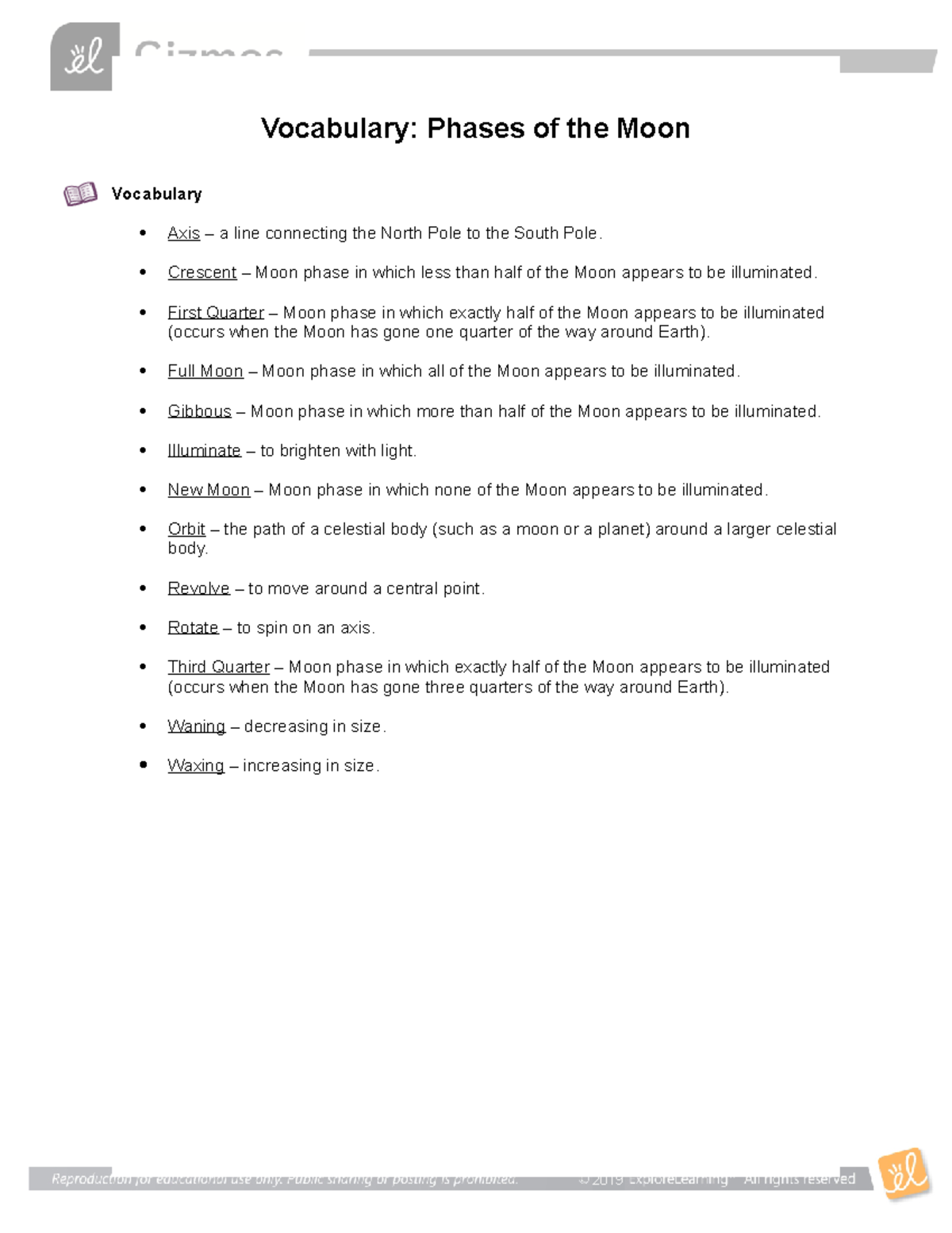 Phases Moon Vocab - 2019 Vocabulary: Phases of the Moon Vocabulary Axis ...