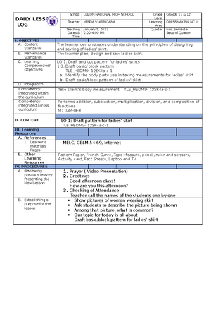 DLL - Body Measurements - DAILY LESSON LOG School LUZON NATIONAL HIGH ...