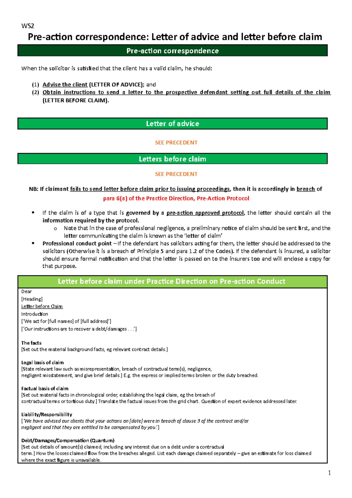 DR WS2 - DR WS2 - WS Pre-action correspondence: Letter of advice and ...