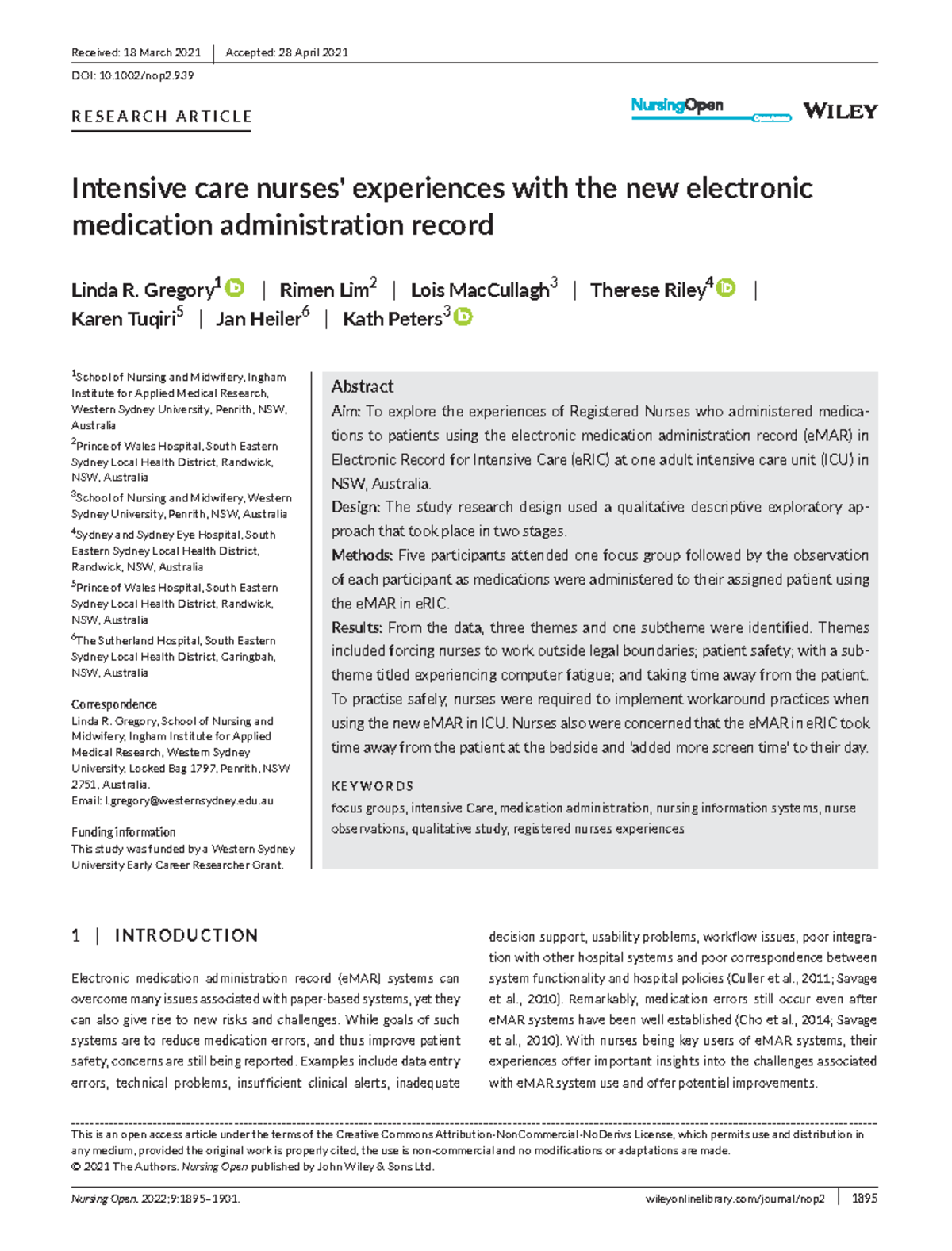 Intensive care nurses' experiences peer review - Nursing Open. 2022;9: ...