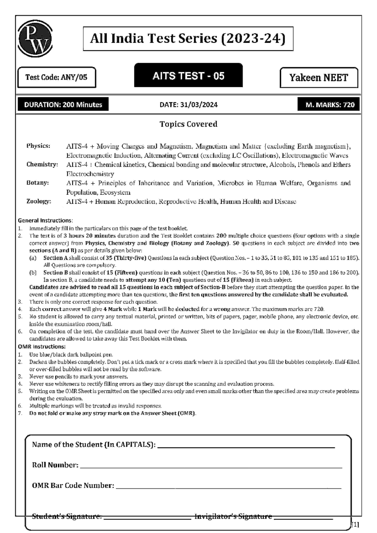 PW AITS 05 Question Paper - Business Research - Studocu