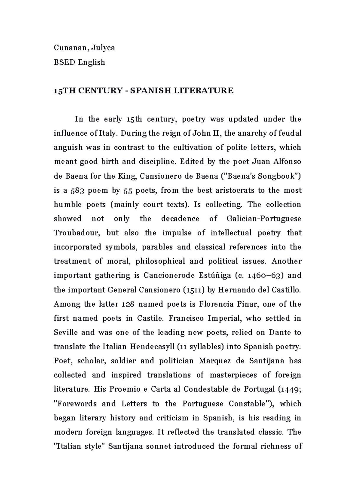 15TH Century - Spanish Literature- LECTURE - Cunanan, Julyca BSED ...