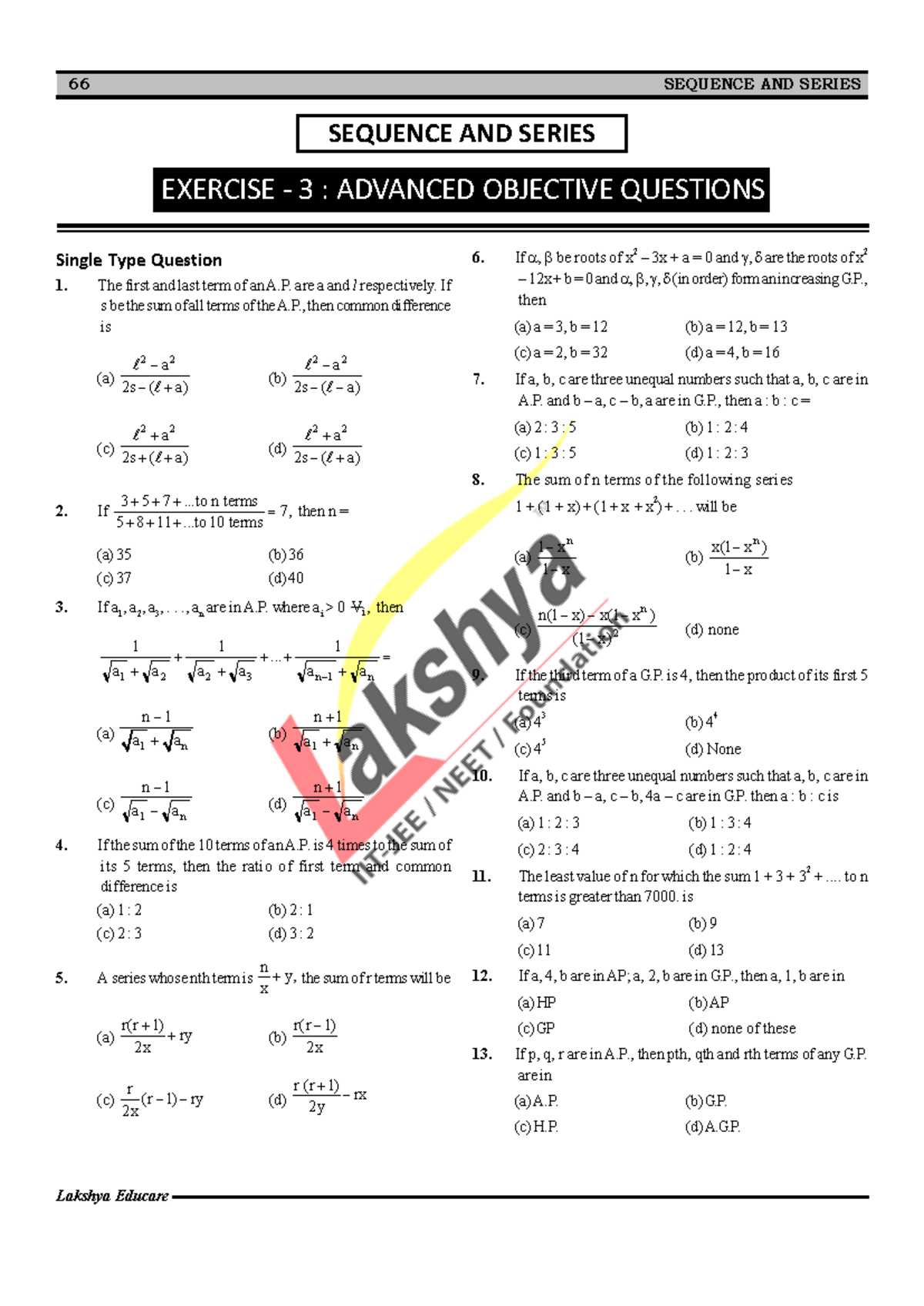 6. Sequence and Series - EXERCISE - 3 : ADVANCED OBJECTIVE QUESTIONS ...