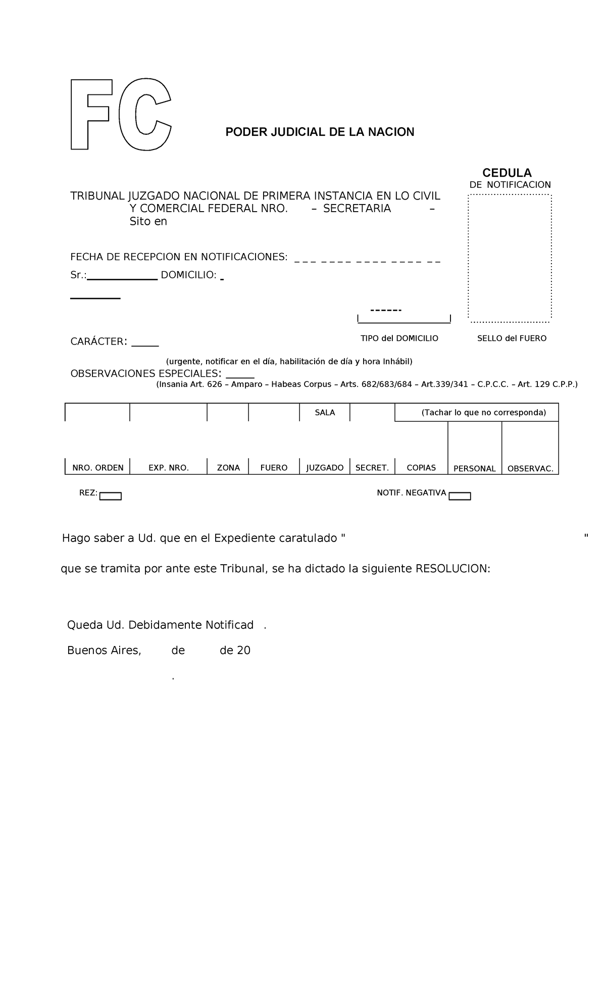FORM Cedula PJN Civily Comercial Federal PDF - PODER JUDICIAL DE LA NACION TRIBUNAL JUZGADO ...