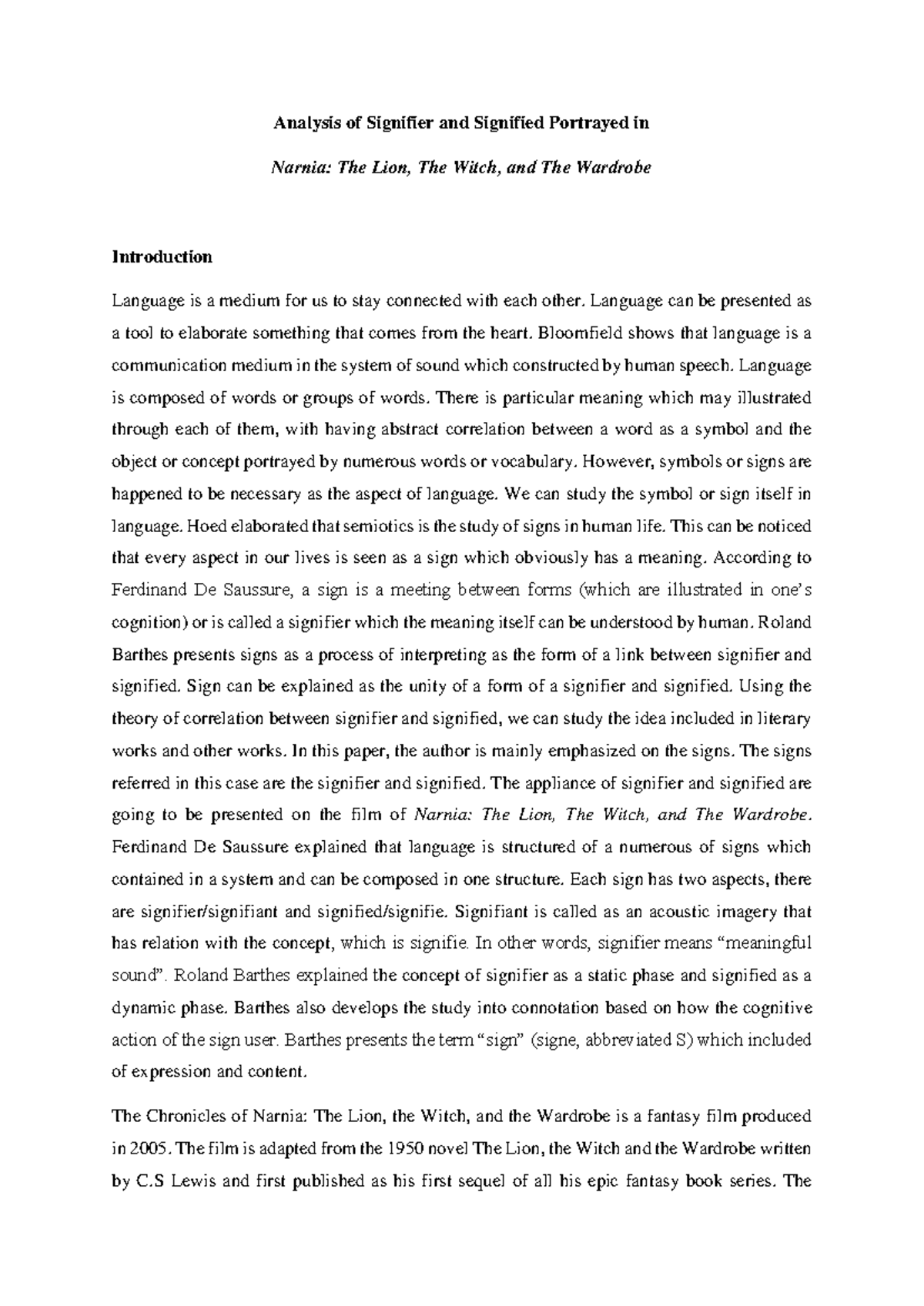 Analysis of Signifier and Signified Portrayed in Narnia The Lion, The ...