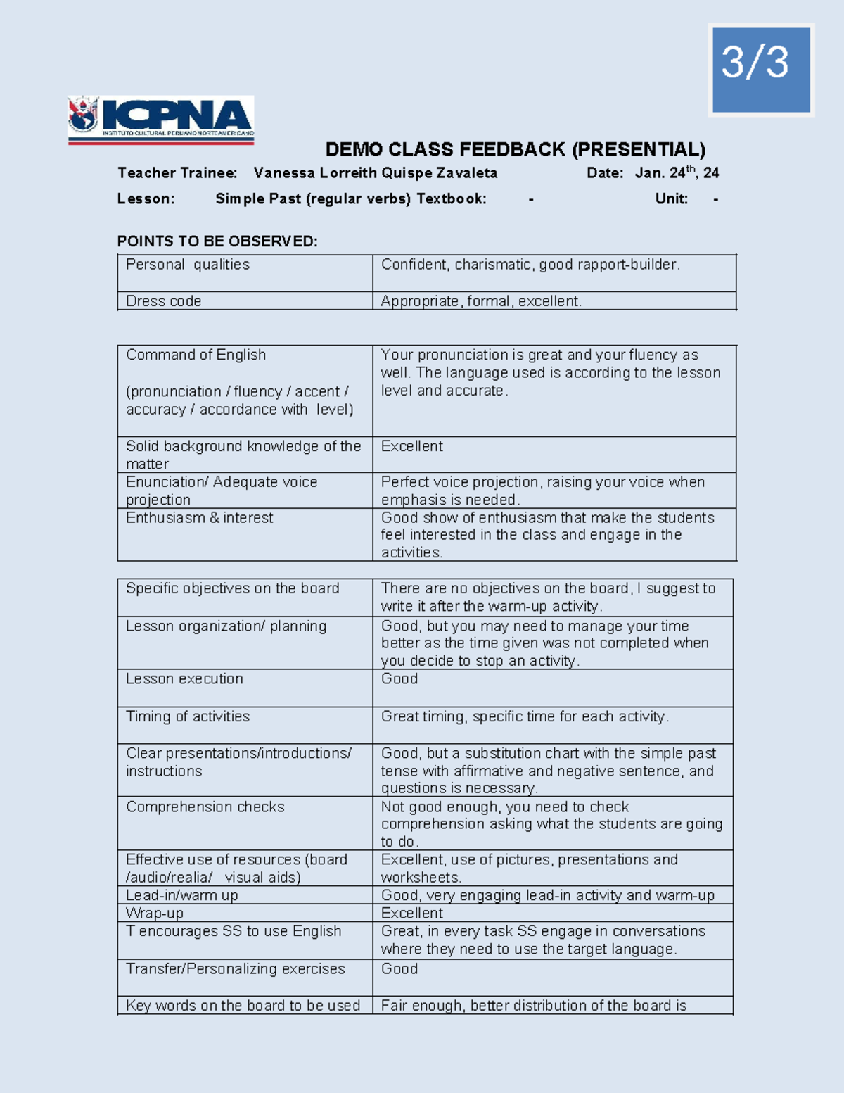 Giving Feedback TO Teachers - DEMO CLASS FEEDBACK (PRESENTIAL) Teacher ...