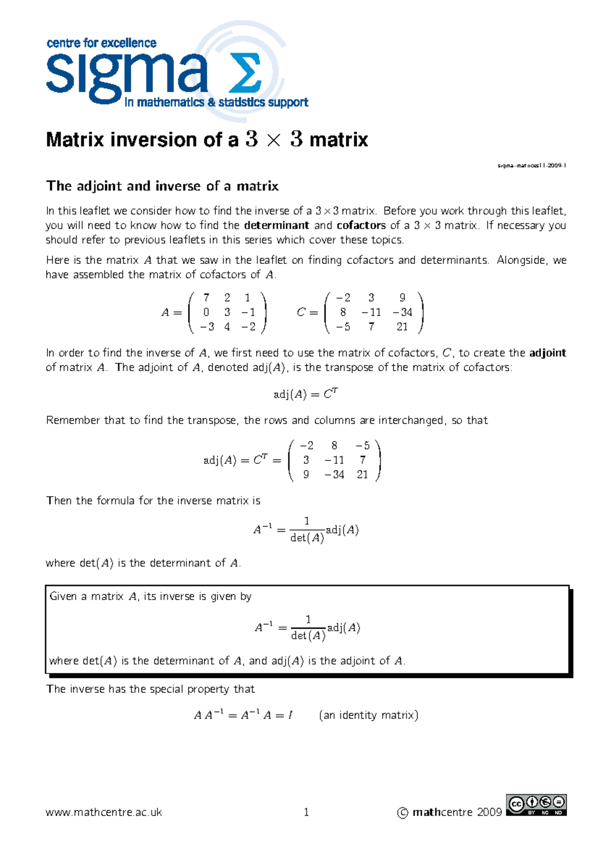 Sigma matrices 11 2009 1 - Matrix inversion of a 3 × 3 matrix sigma ...