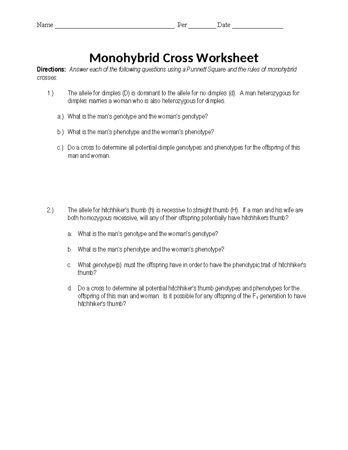 Monohybrid Cross - Provided - Name ...