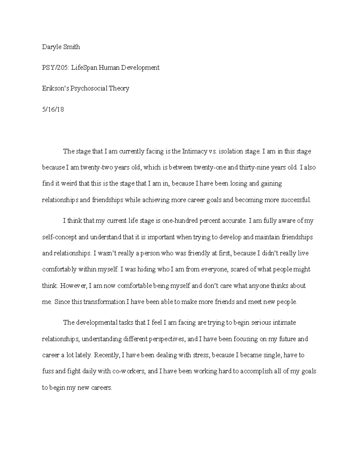 Daryle Smith Erikson's Paper - Daryle Smith PSY/205: LifeSpan Human ...