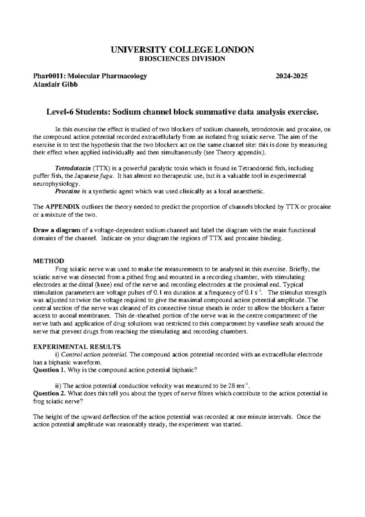 Sodium channel block worksheet - UNIVERSITY COLLEGE LONDON BIOSCIENCES ...