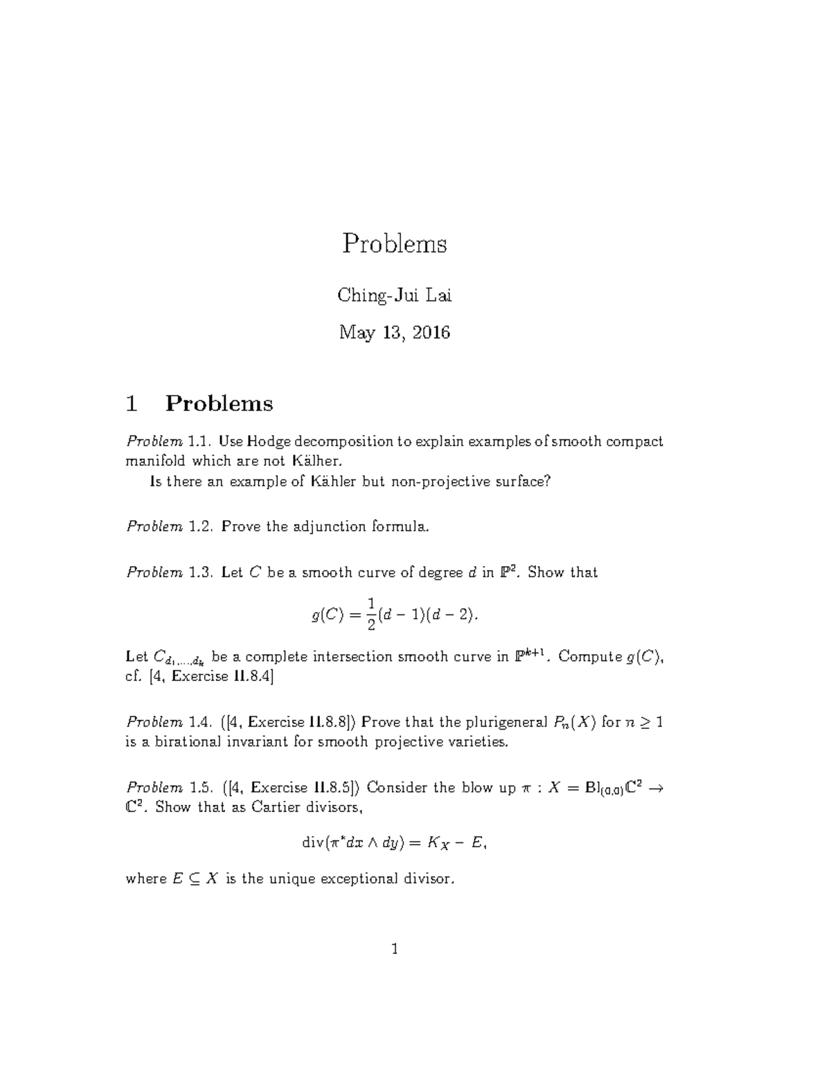 Problemsets - Problems of Geometry of higher dimension algebraic ...
