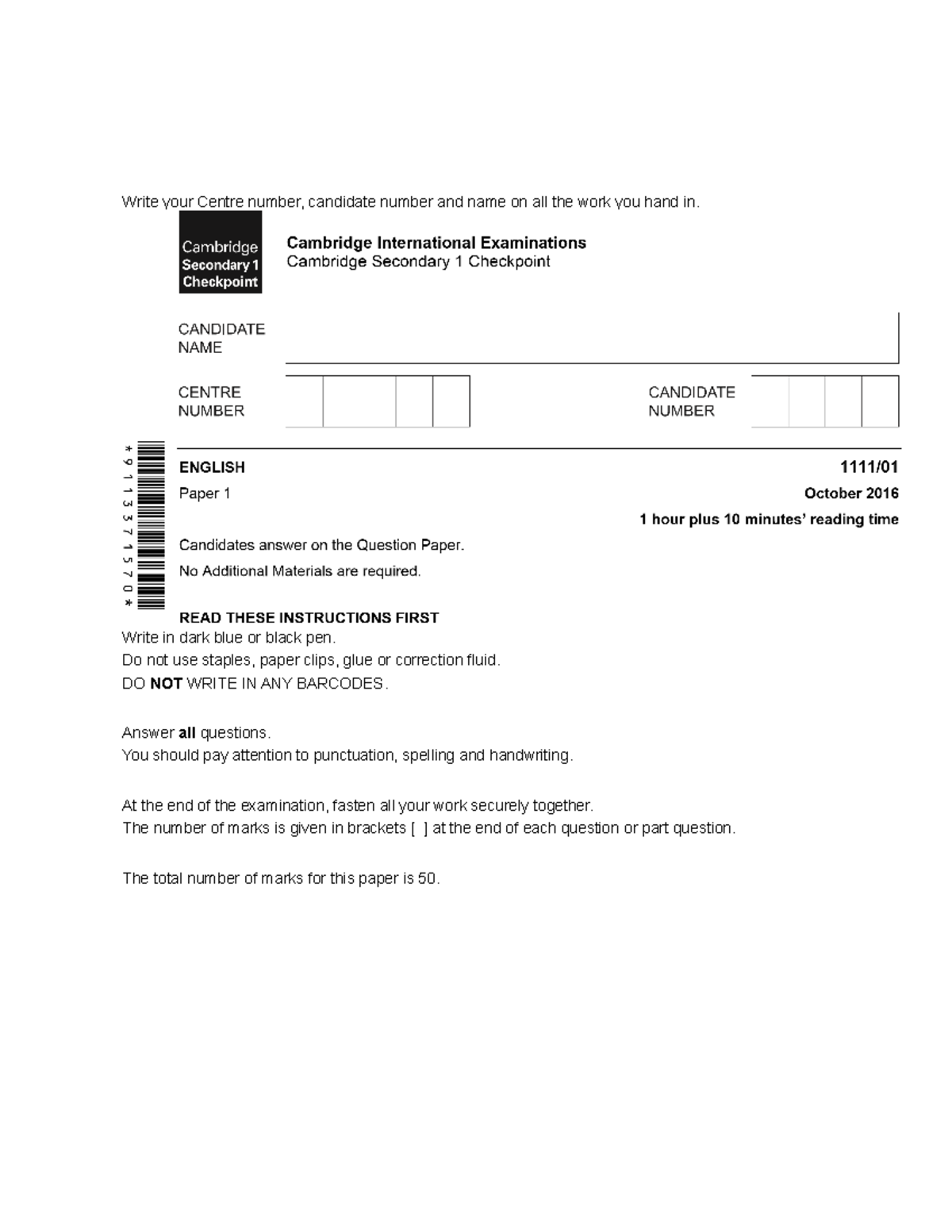 Oct 2016 P1 MS - Write your Centre number, candidate number and name on ...