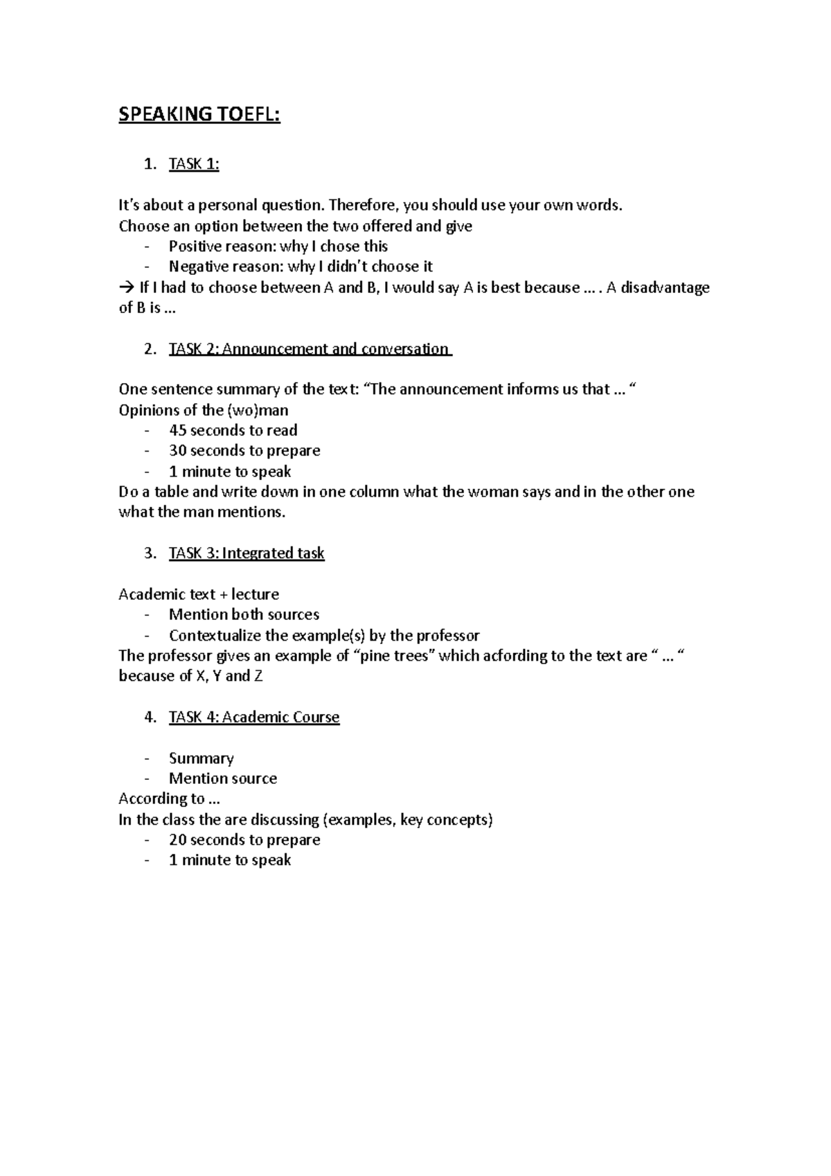 Speaking Toefl - SPEAKING TOEFL: 1. TASK 1: It’s about a personal ...