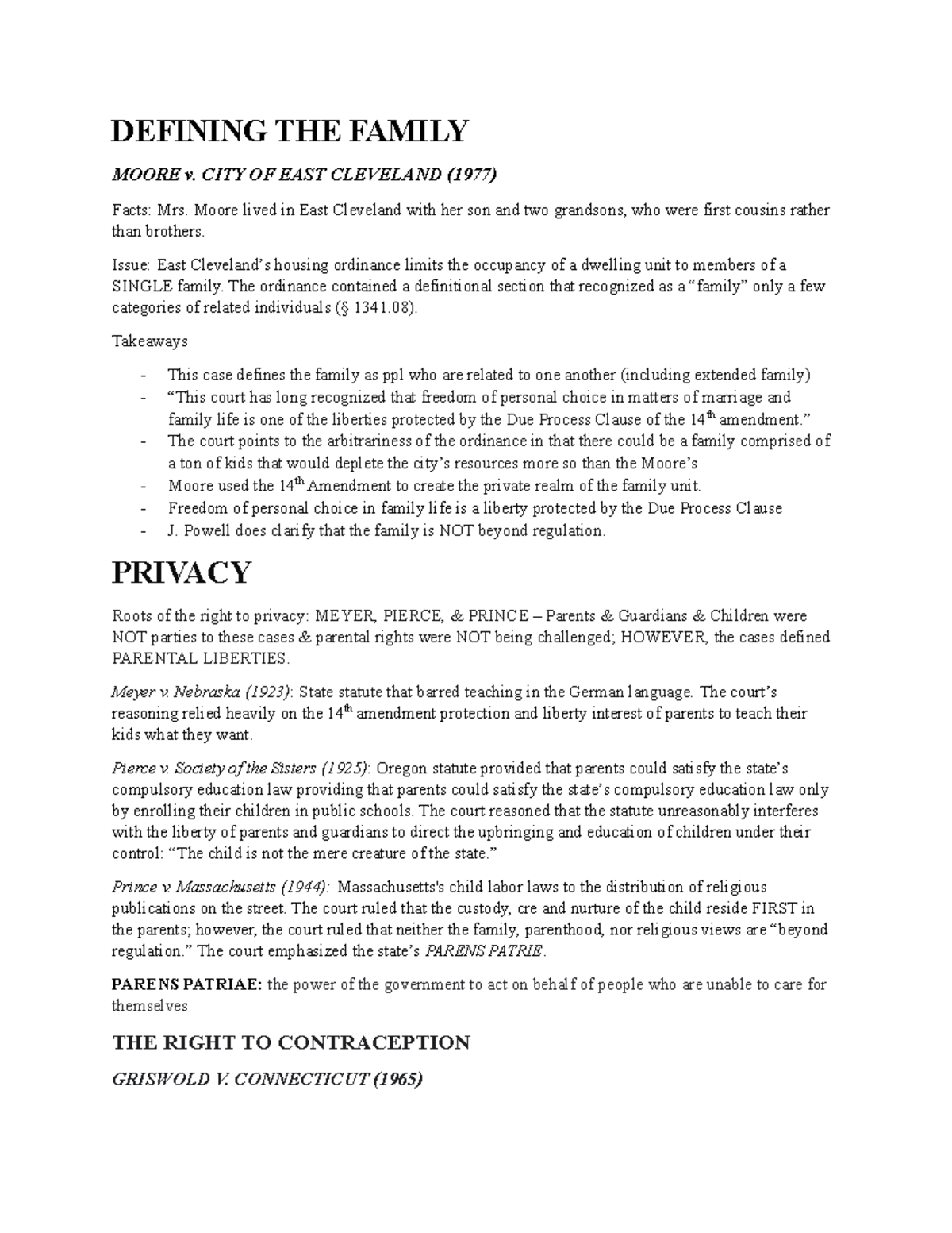 Family LAW Outline[ 94] - DEFINING THE FAMILY MOORE v. CITY OF EAST CLEVELAND (1977) Facts: Mrs ...