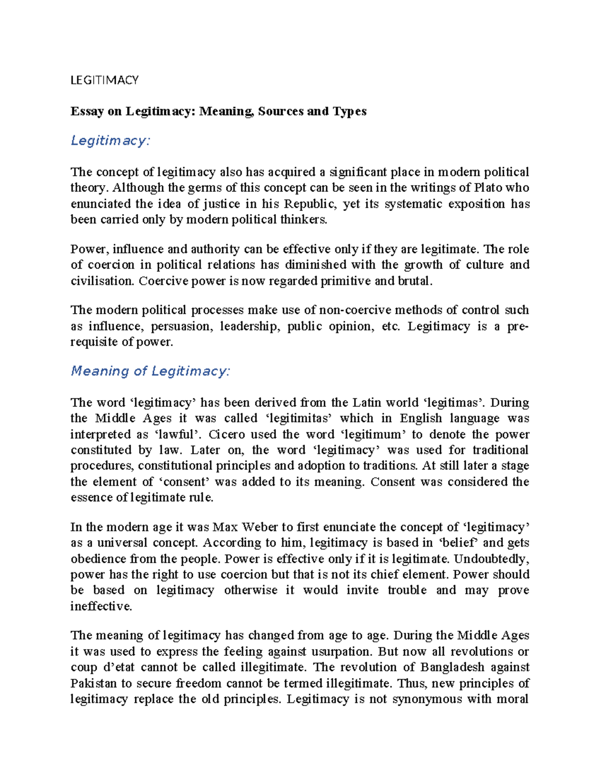 Legitimacy from pol101 - LEGITIMACY Essay on Legitimacy: Meaning ...