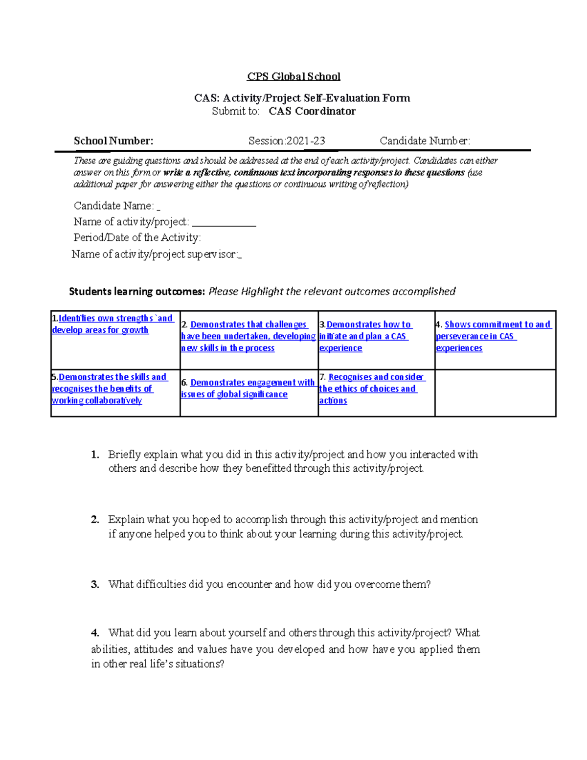 CAS Reflection Self Evaluation Fom 2021-23 - CPS Global School CAS ...