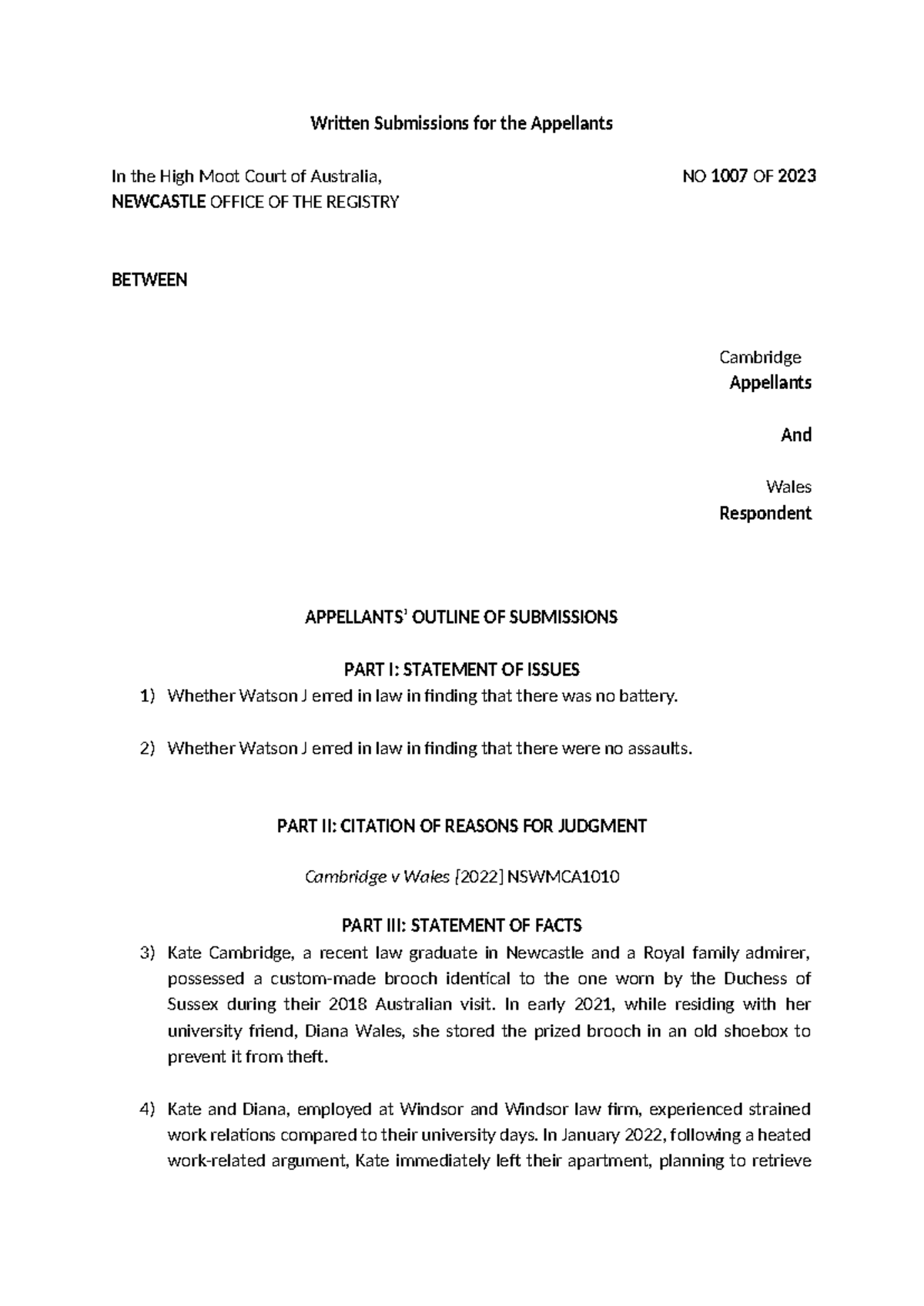 Jimmy Rollin c3433459 Written Moot Submission Assessment 3 LAWS6120 ...