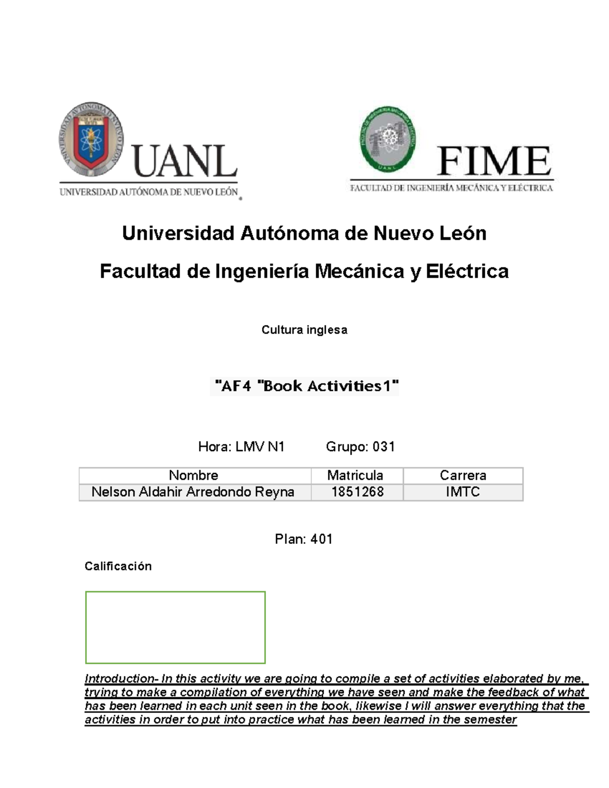 AF4 Book Activities - TAREA DE FIME - Universidad Autónoma de Nuevo ...