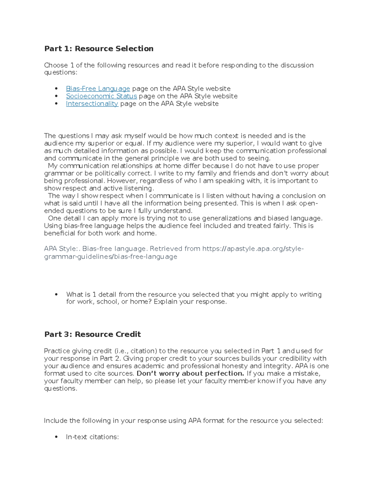 Part 1 - daily work - Part 1: Resource Selection Choose 1 of the ...
