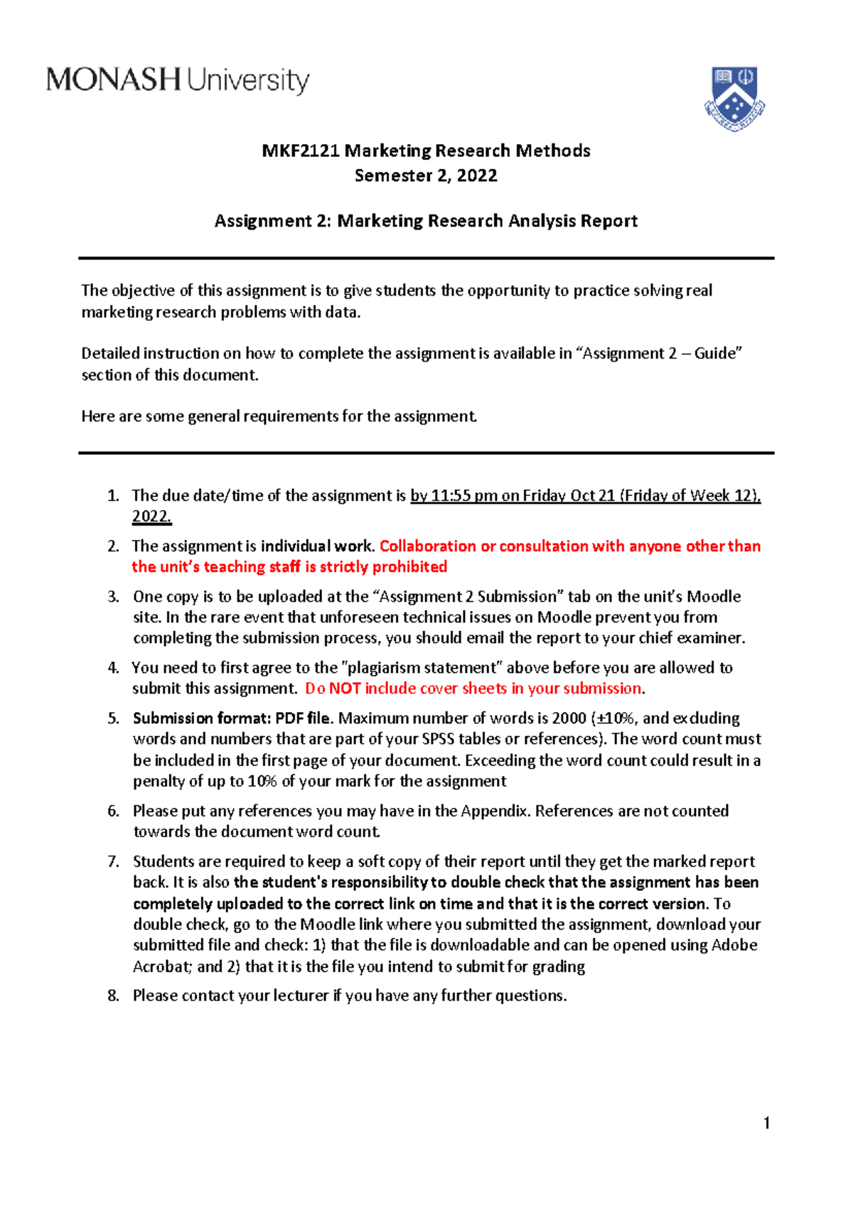 Assignment 2 instruction - MKF2121 Marketing Research Methods Semester 2 , 2022 Assignment 2 ...