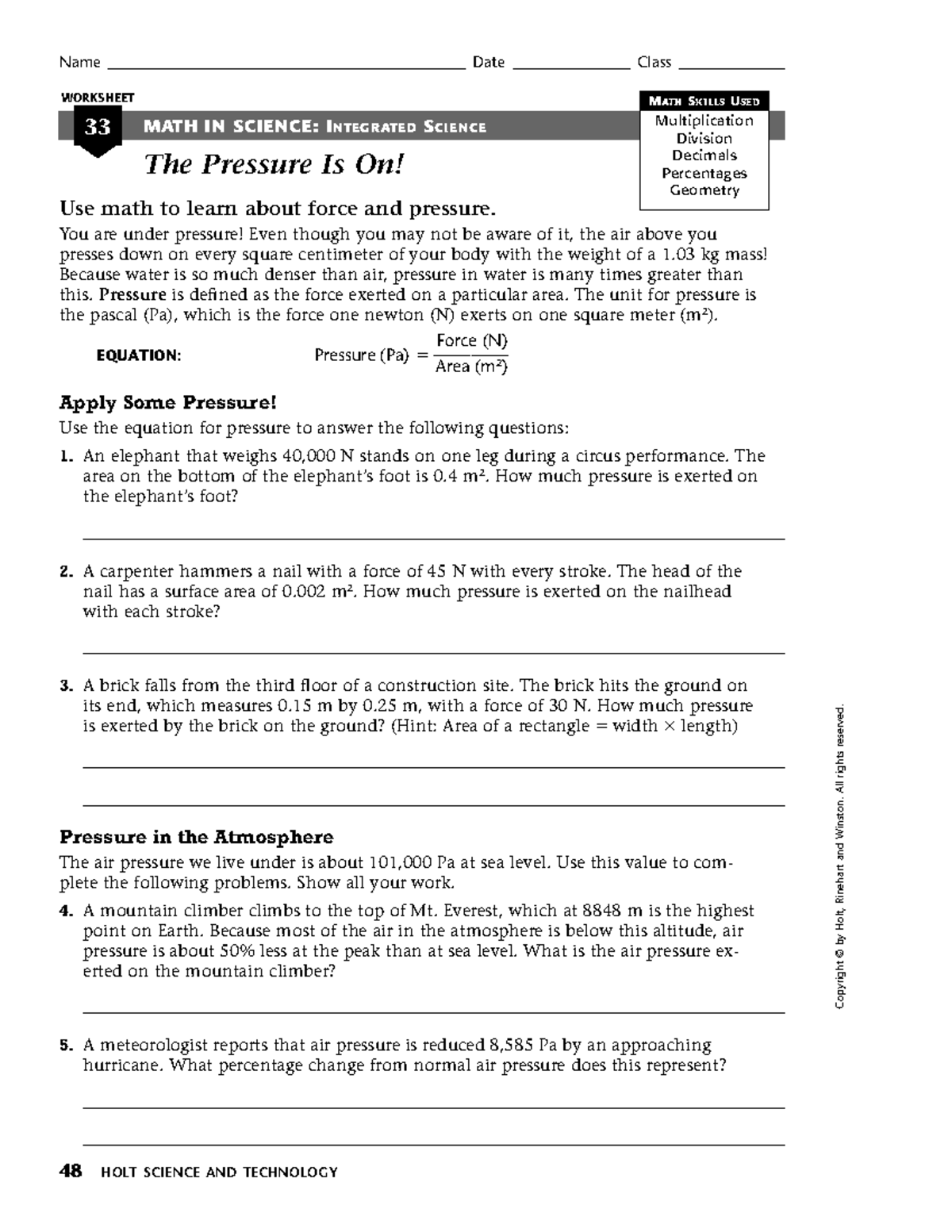 Pressure Practice Chapter 3 Section 1 - Use math to learn about force ...